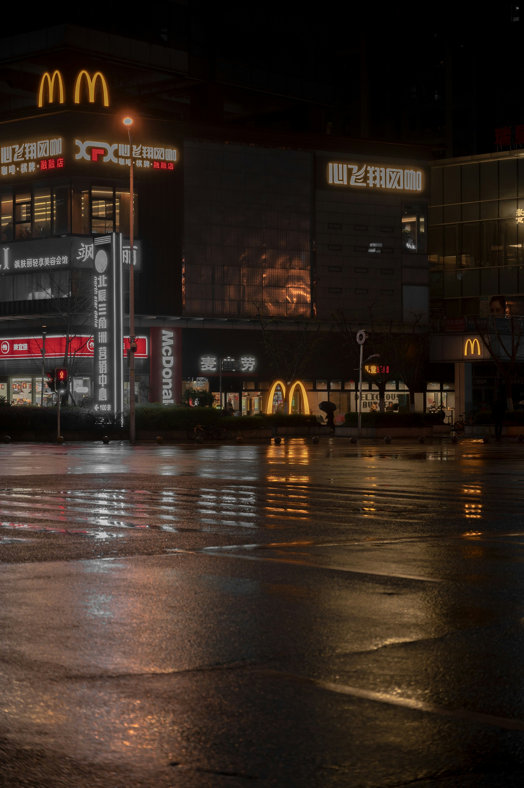 Neon Reflections on a Quiet Intercity Crosswalk