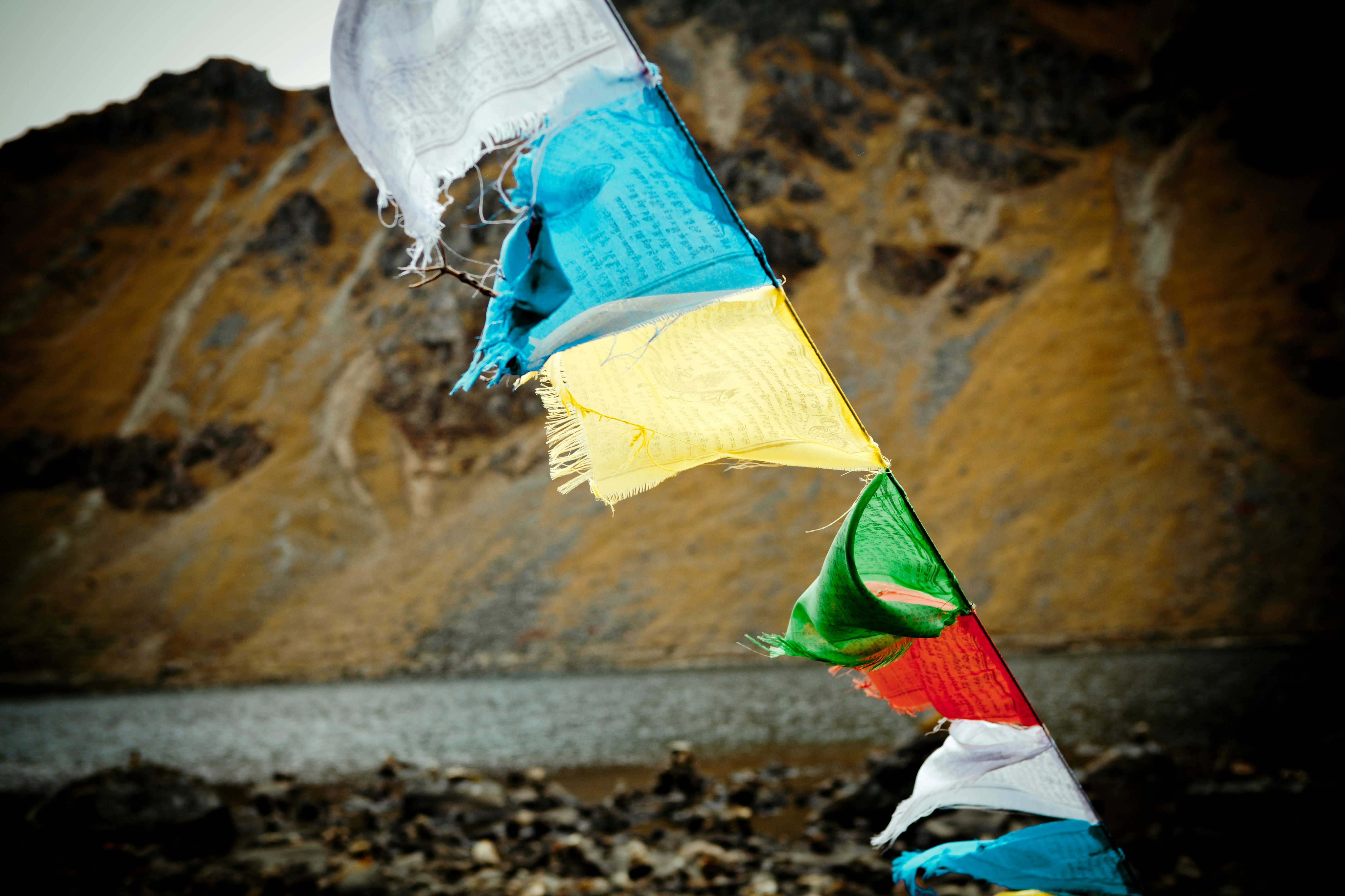 Prayer Flags Tossed by the Wind Over a Rugged Fjord Shore