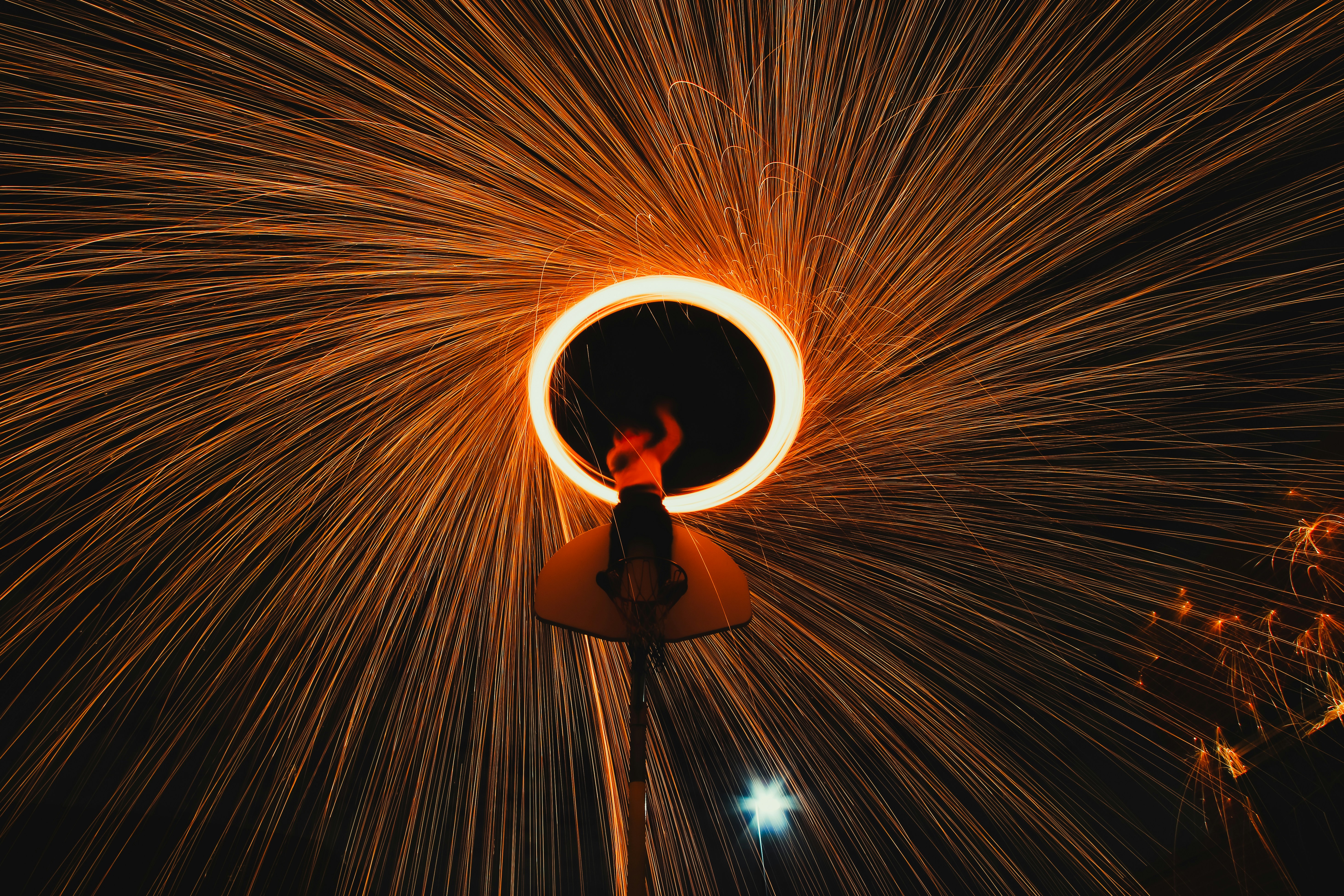 Orbital Sparks: A Ring of Fire Around a Steel Wool Bloom