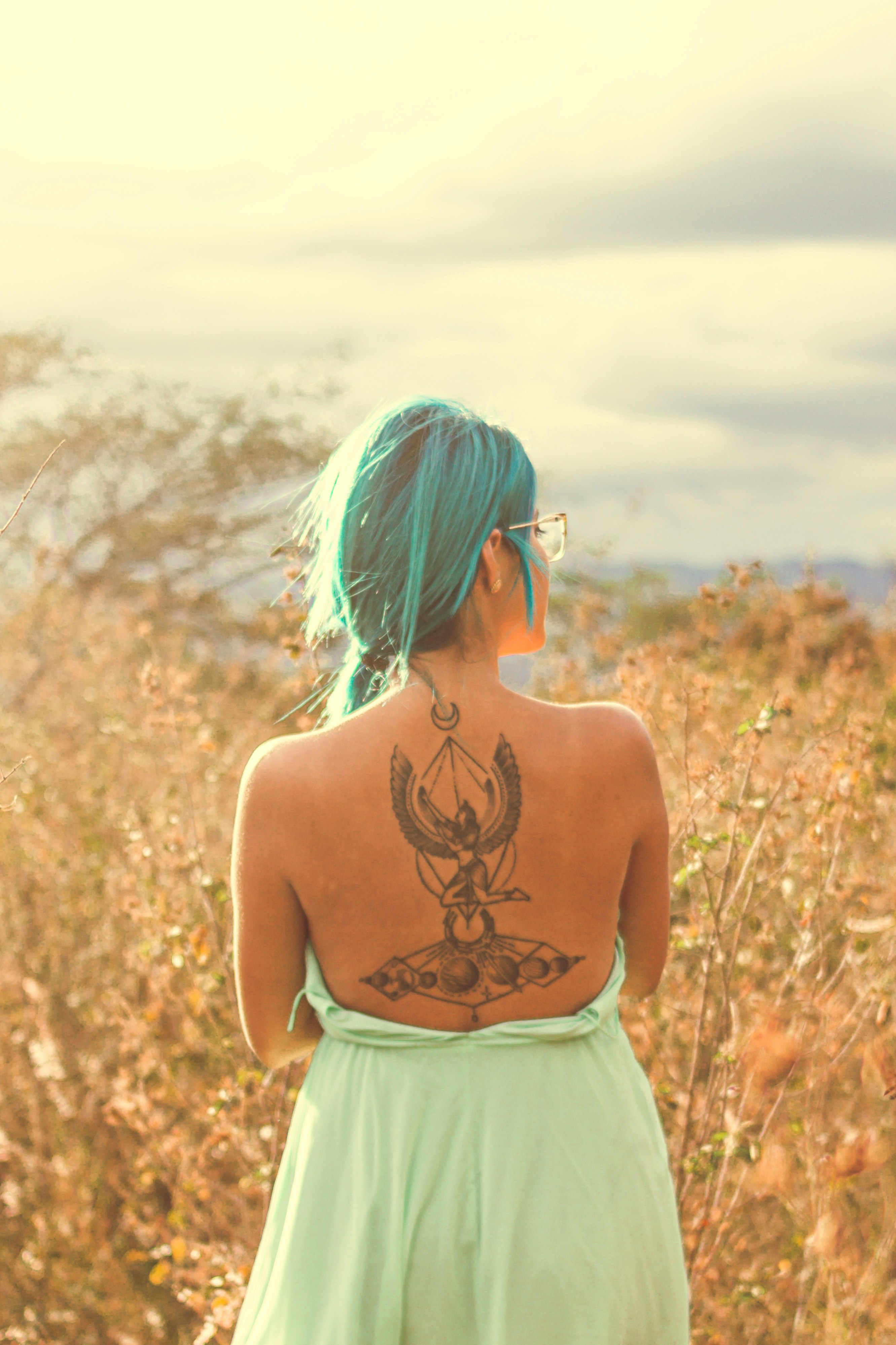 Sunlit Back in Bloom: Teal Hair and Tattooed Back in Golden Field