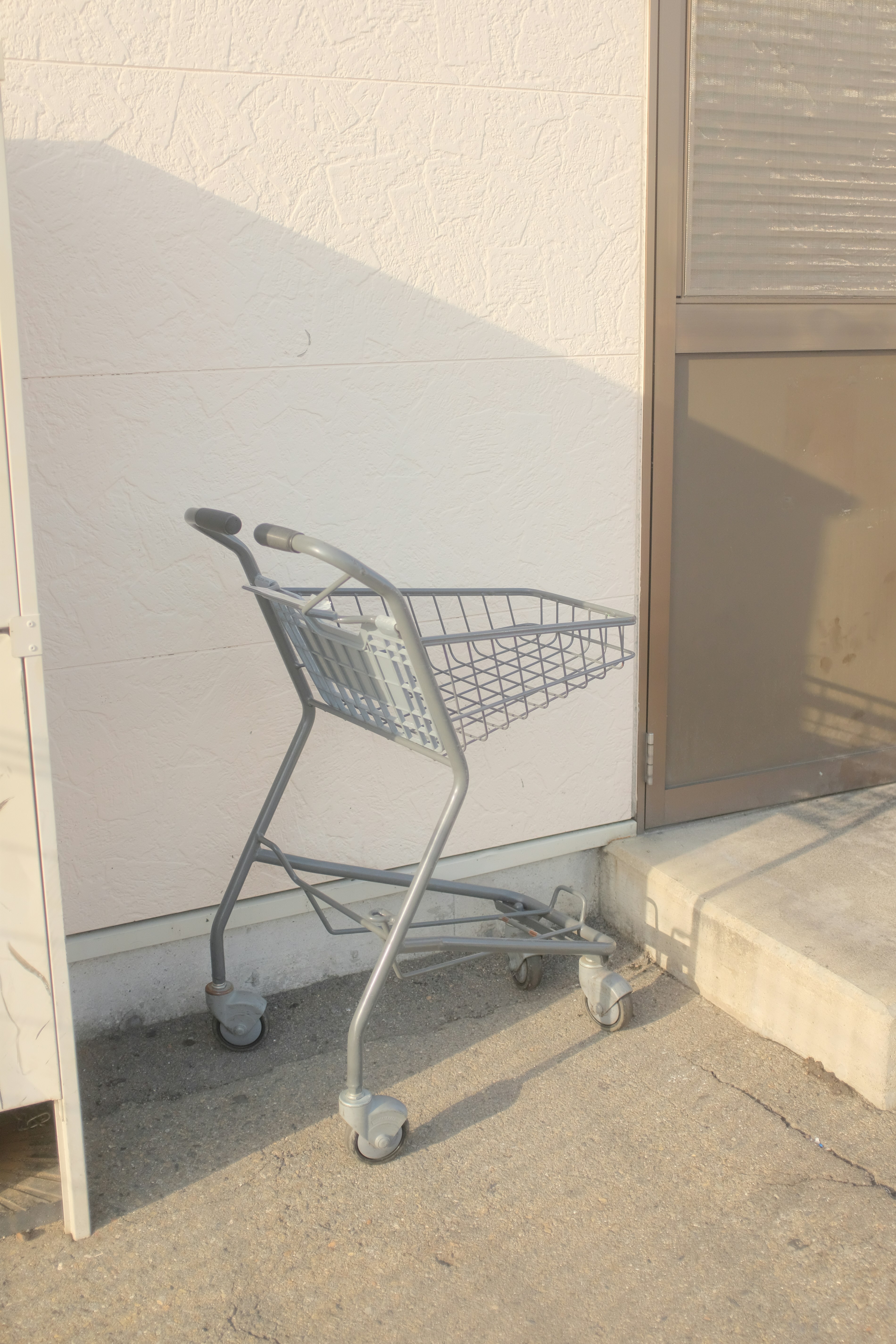 A solitary shopping cart rests against a wall near a door, hinting at past utility and neglect.