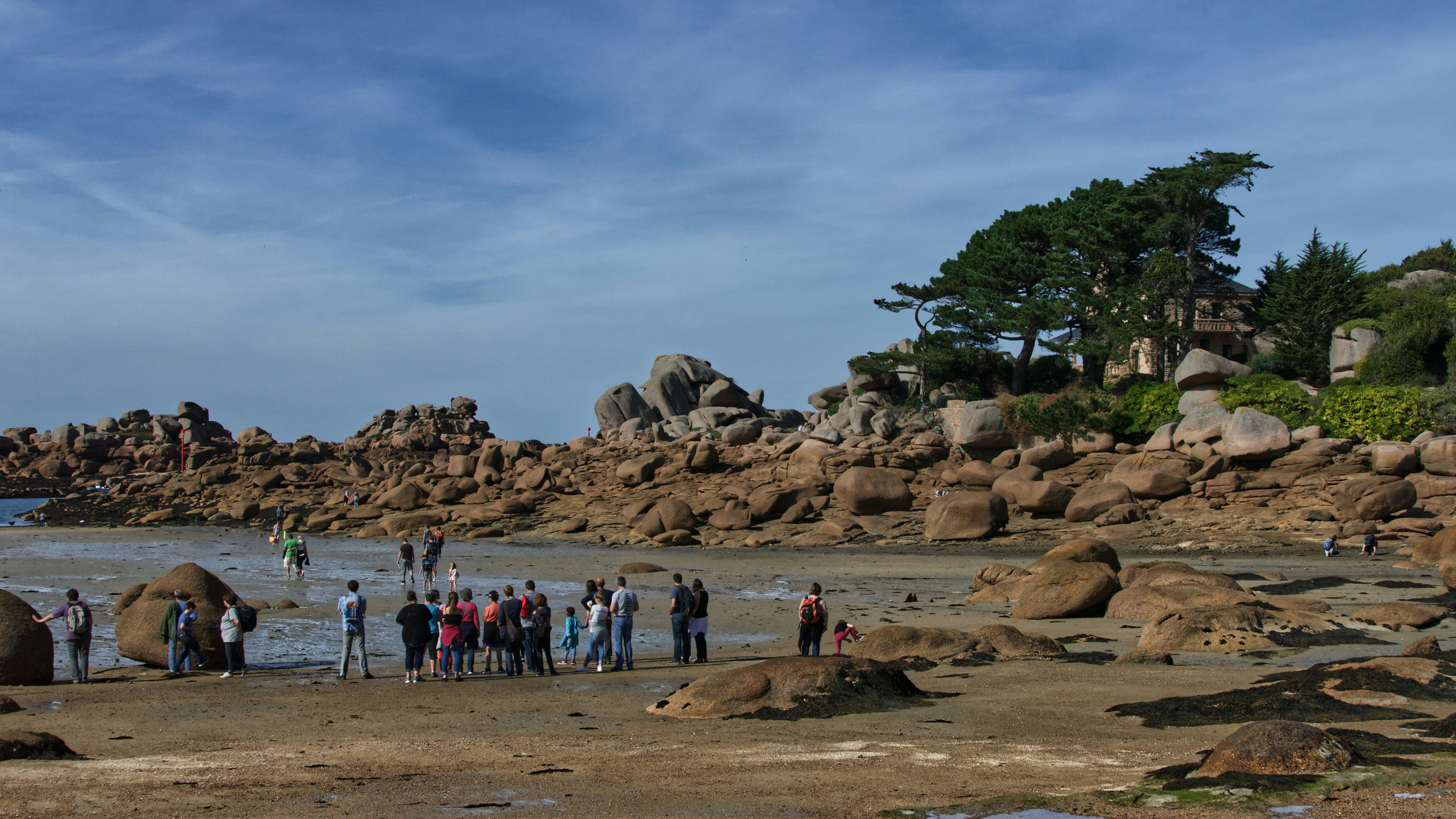 Visitors exploring a rocky shoreline at low tide, with unique rock formations and lush greenery in the background.