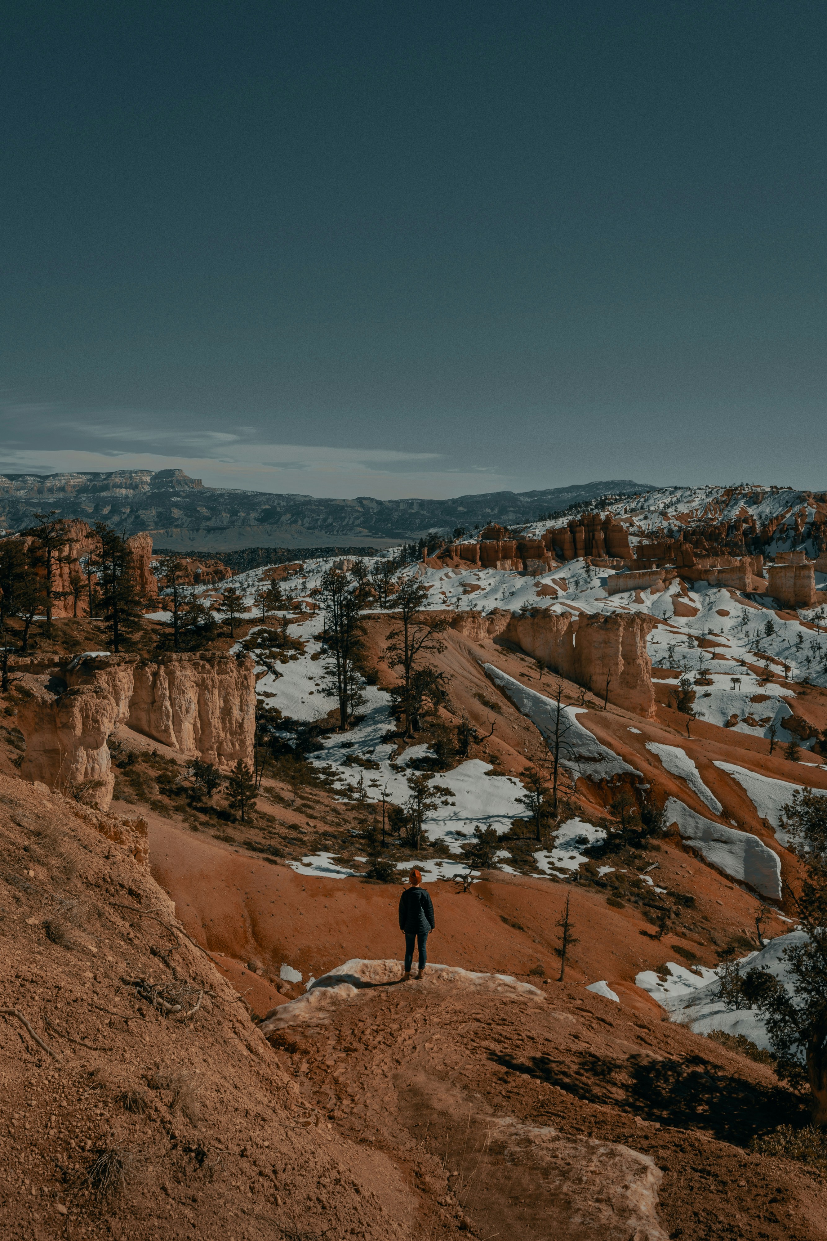 Lone traveler on a frost-kissed canyon trail