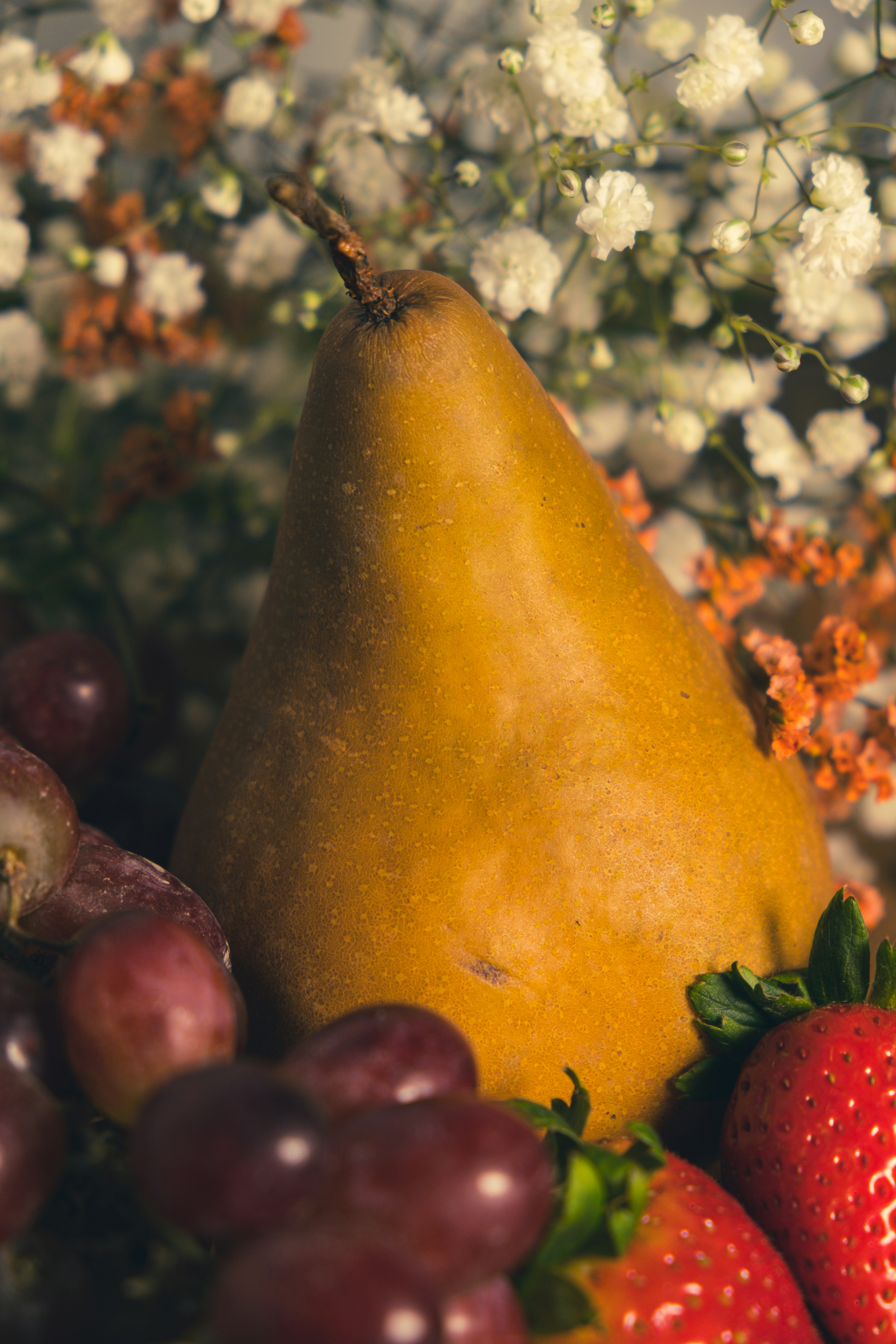 A ripe pear stands prominently among clusters of grapes and strawberries, framed by delicate white and orange blossoms. The arrangement highlights the beauty of seasonal fruits.