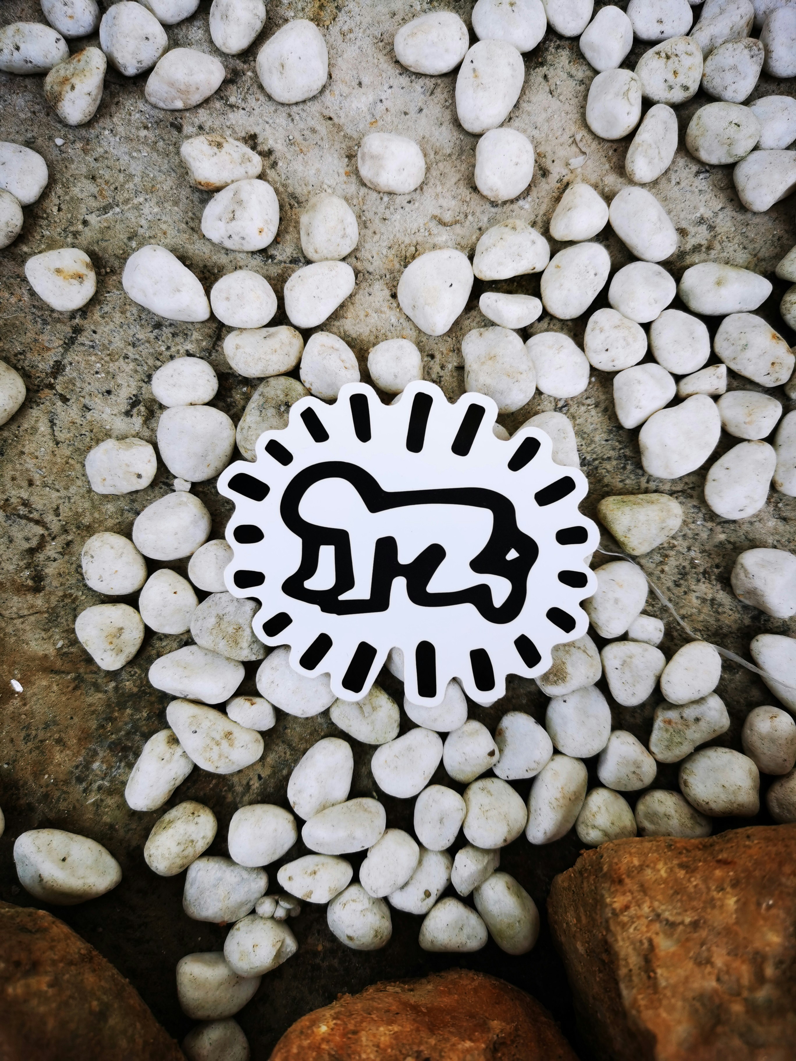 Sunburst Dog Emblem Resting on a Pebble Mosaic