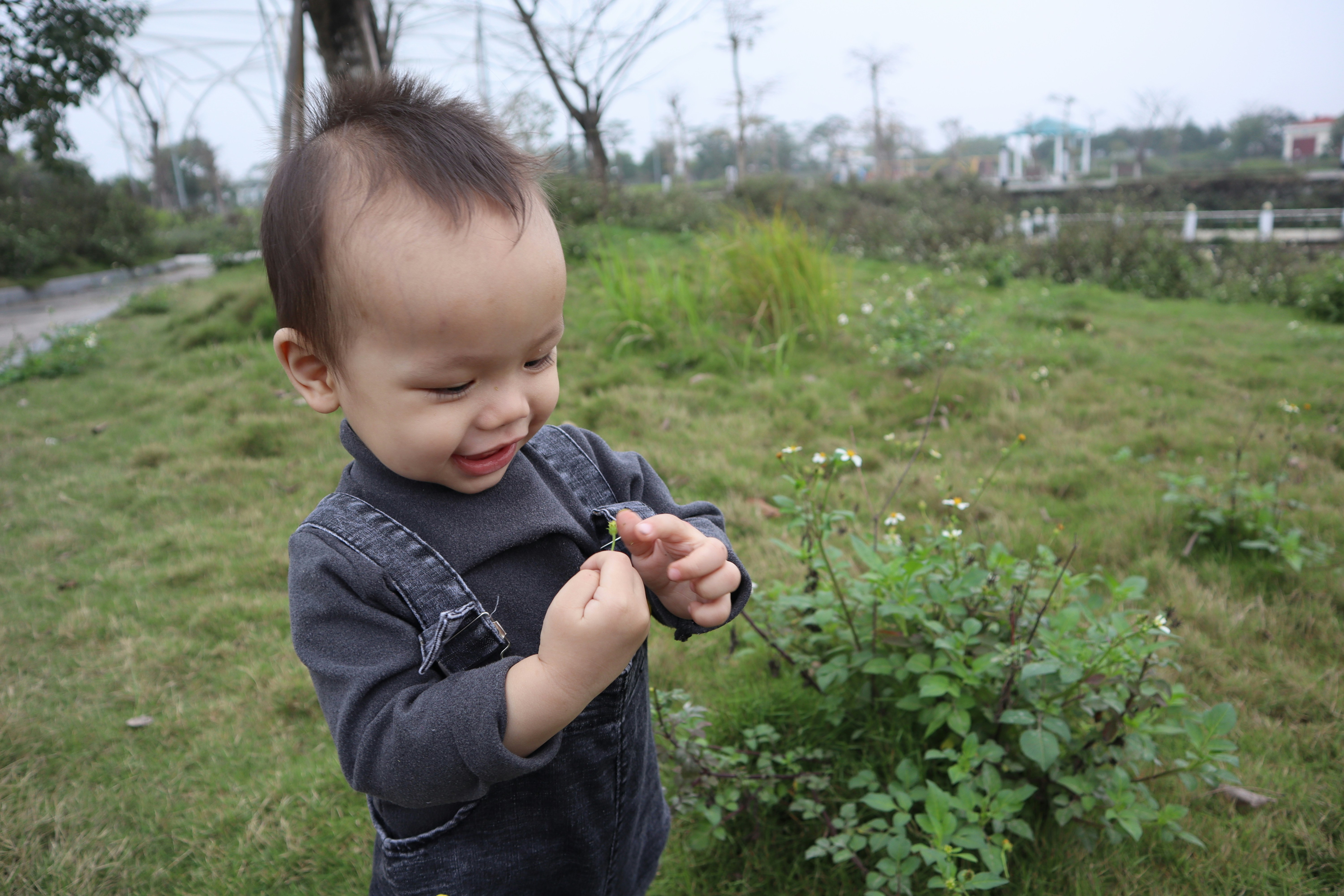 a small child standing in a grassy field