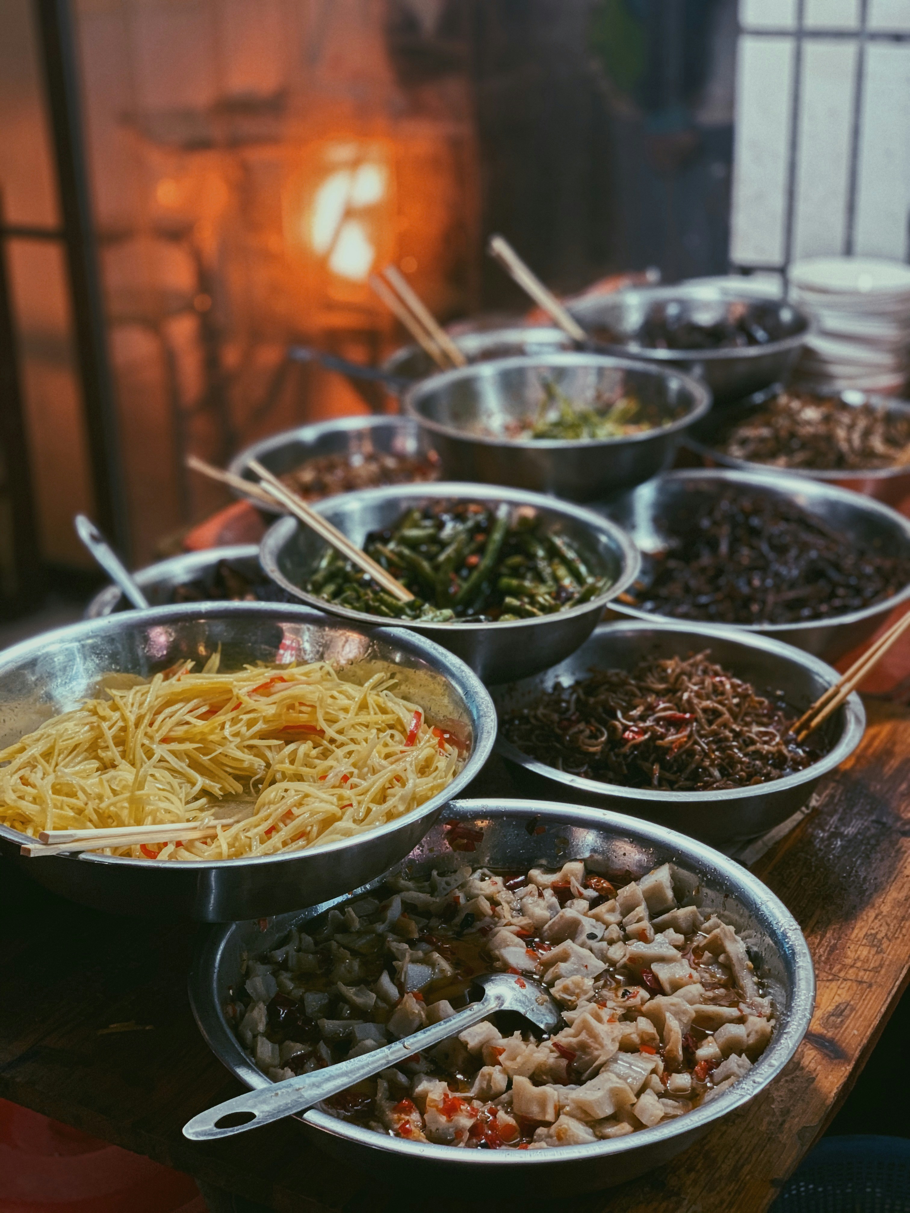 Amber Row: Noodles and Veggies in a Stainless Buffet