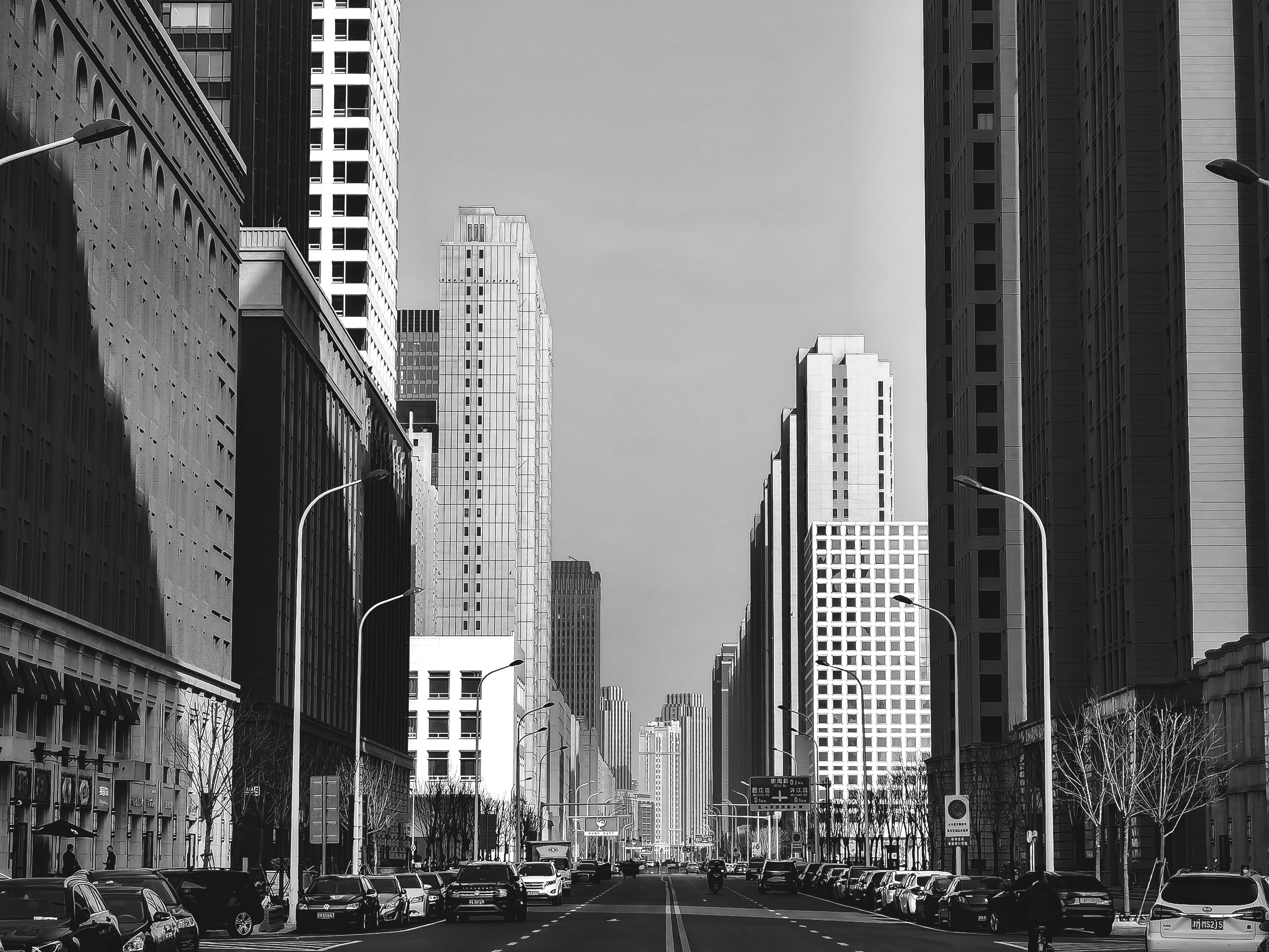 Black and white cityscape featuring towering skyscrapers lining a wide avenue, with parked cars and distant buildings creating a sense of depth.