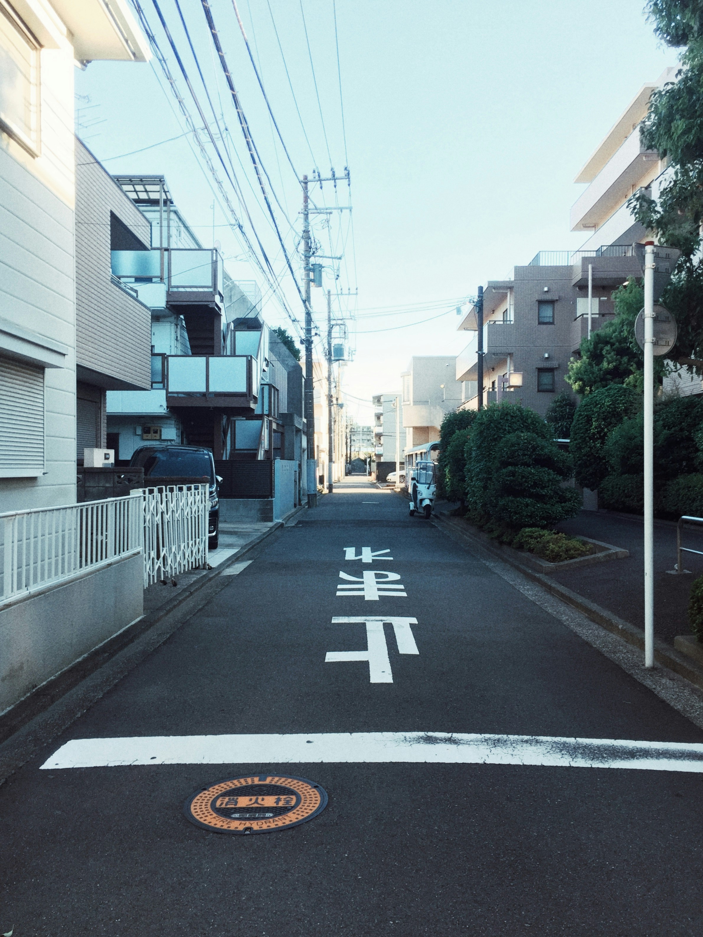 Narrow street lined with residential buildings and lush greenery, featuring a prominent road sign in Japanese. The clear sky enhances the tranquil atmosphere.