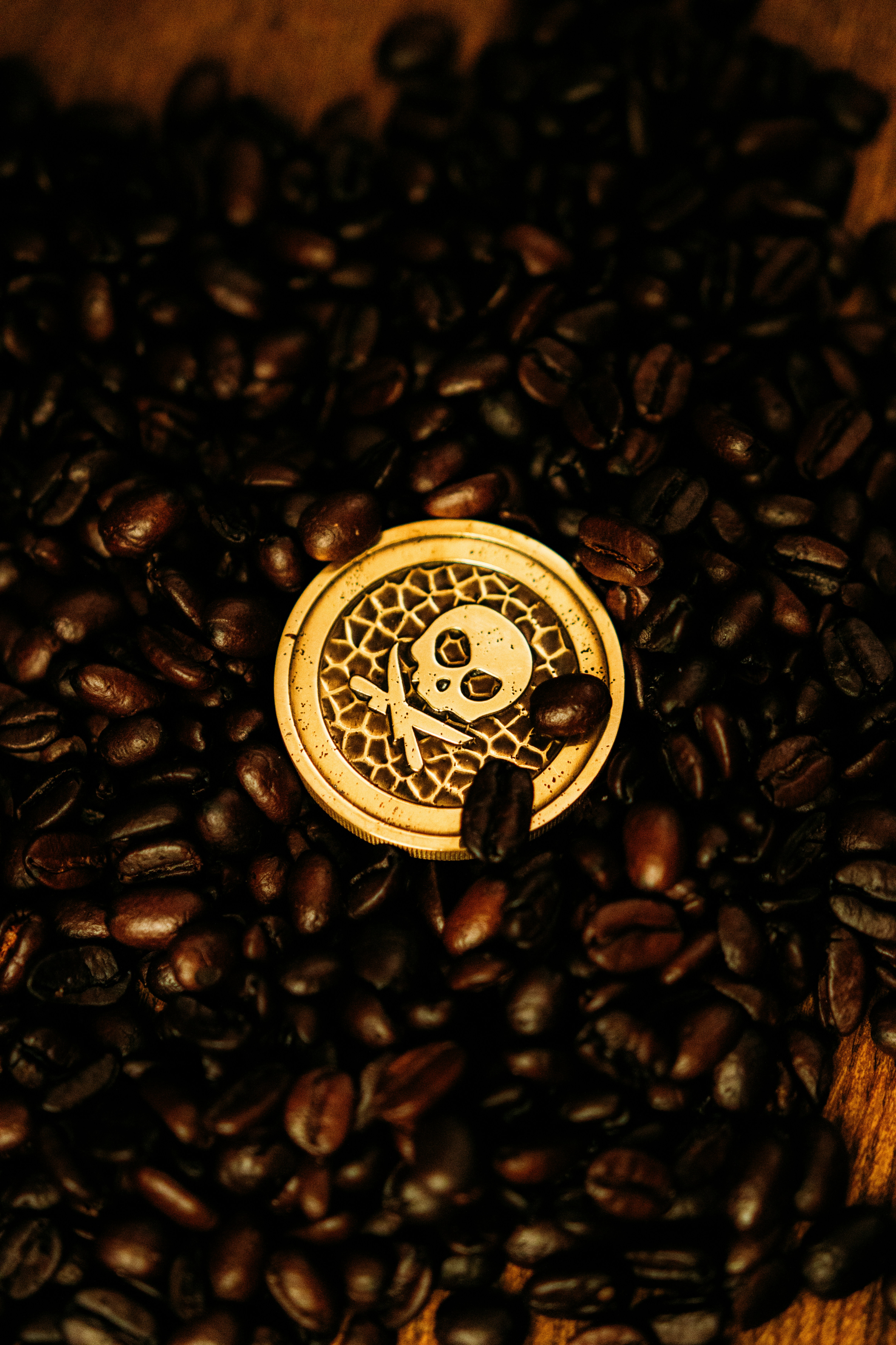 Gold Emblem in a Roast: A Hidden Disk Among Coffee Beans