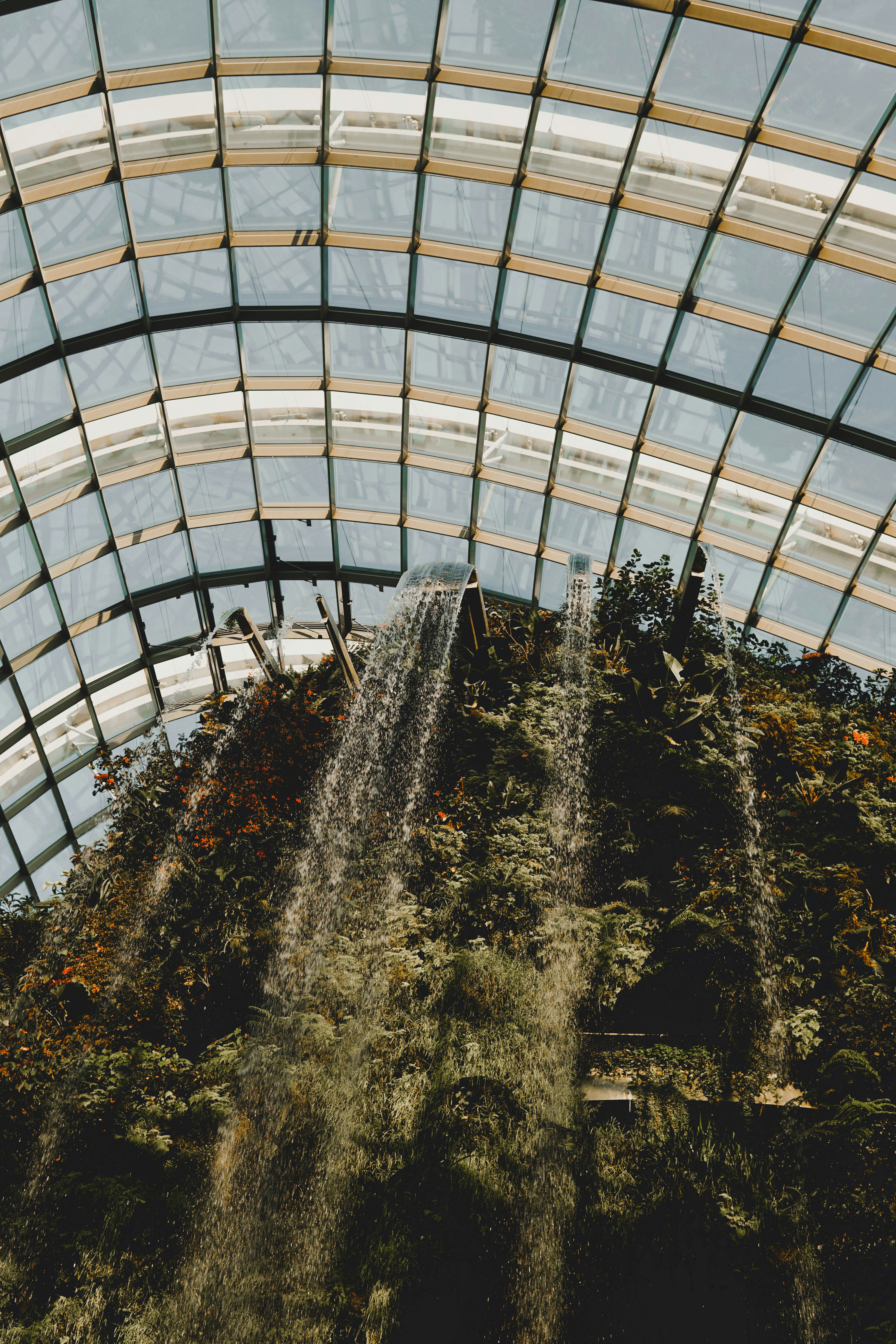 Lush greenery and cascading waterfalls thrive under a glass dome, creating a serene indoor oasis.