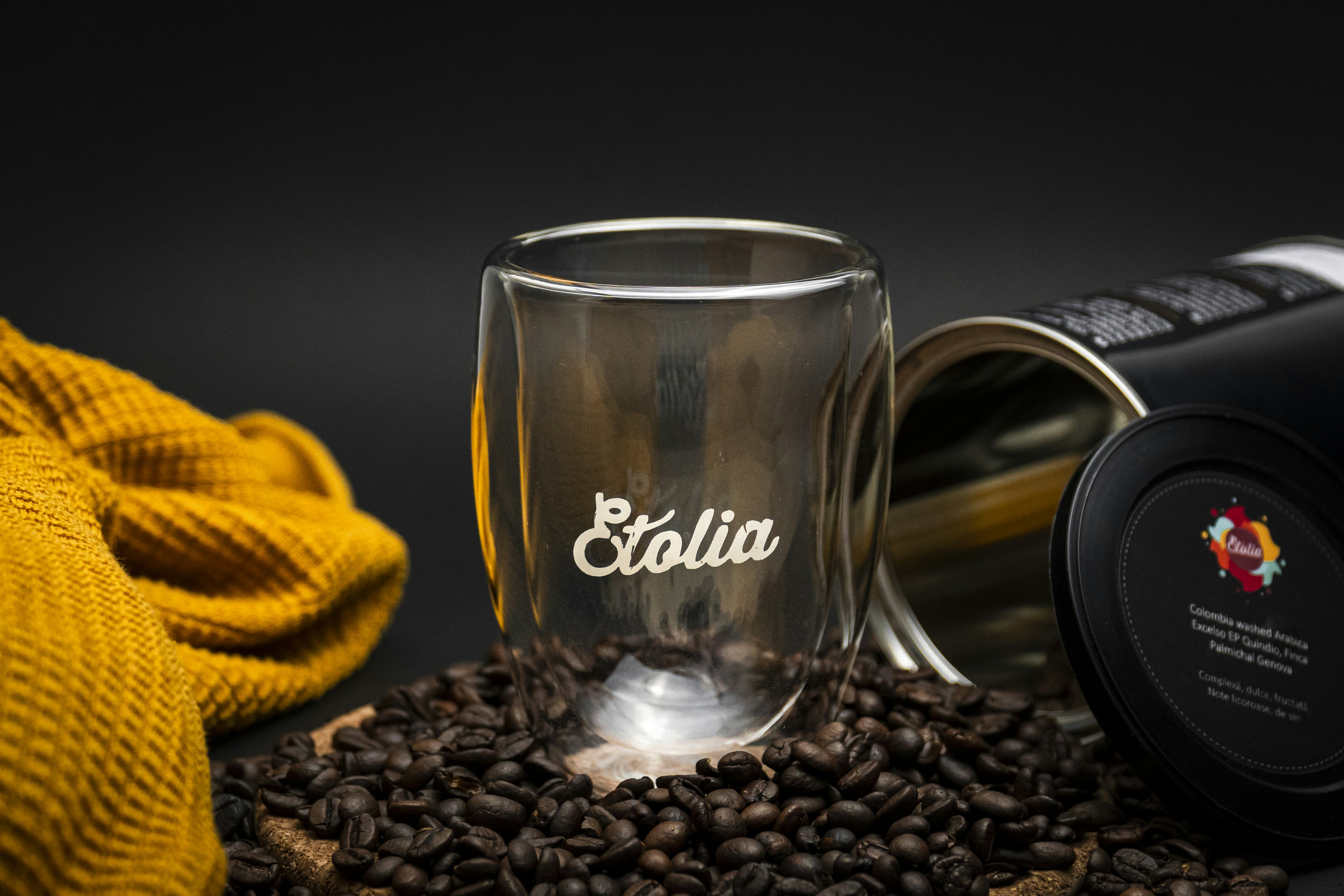 Empty glass product photography with coffee and texture