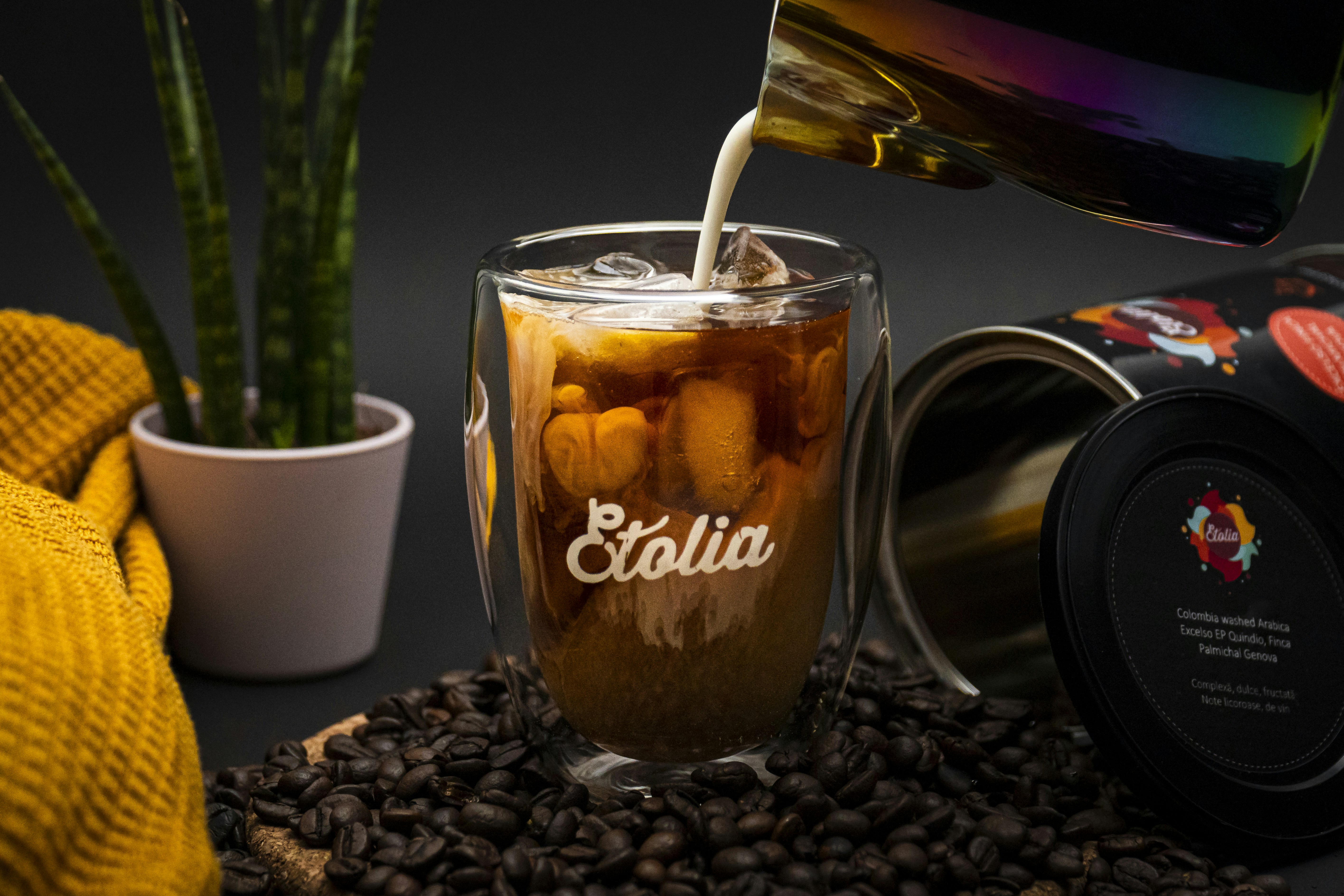 Cream Cascade over Iced Coffee: Studio Still-Life with Beans and Lens Cap