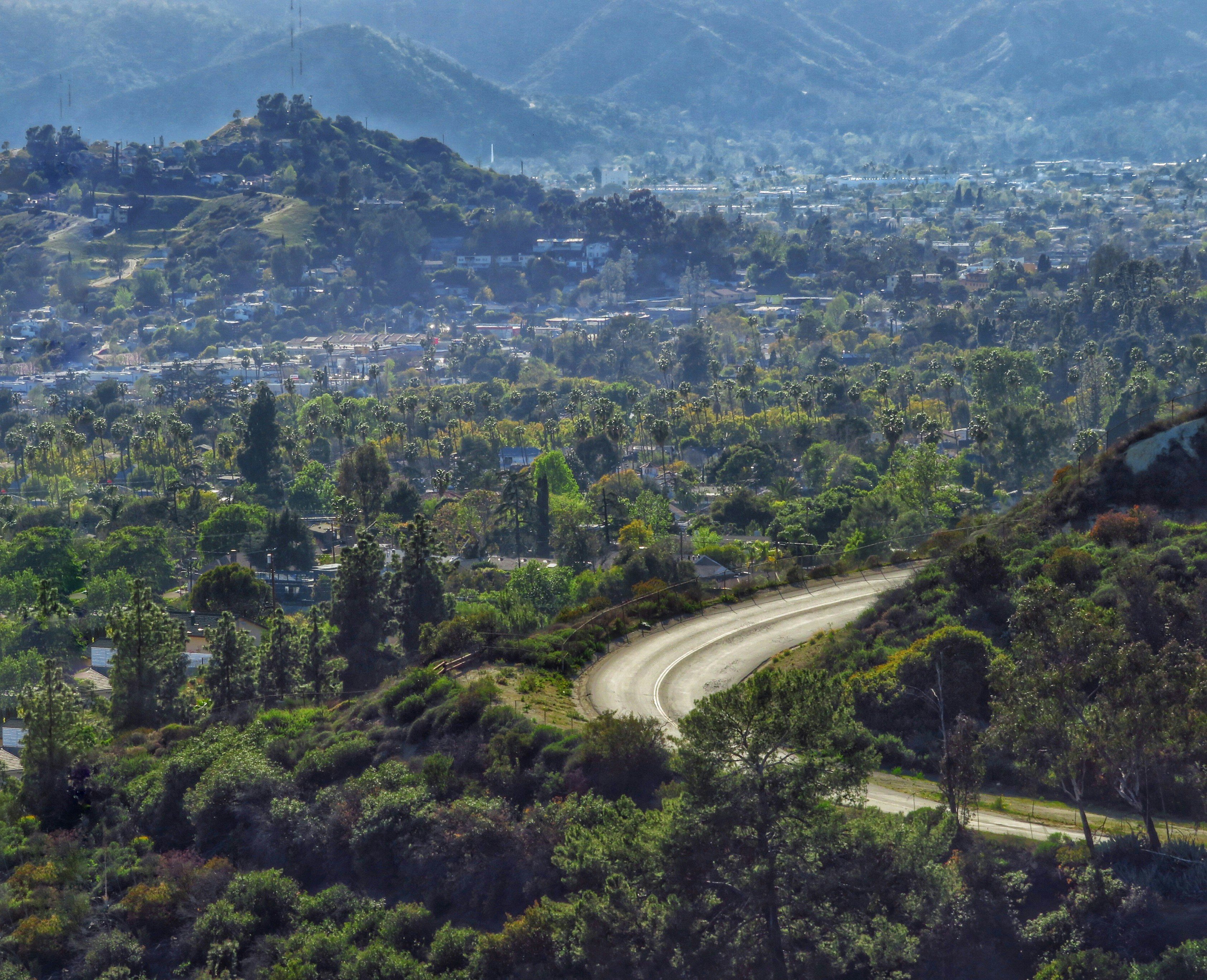 Curved road meandering through vibrant greenery and distant hills, showcasing a serene landscape. The scene highlights the harmony between nature and infrastructure.