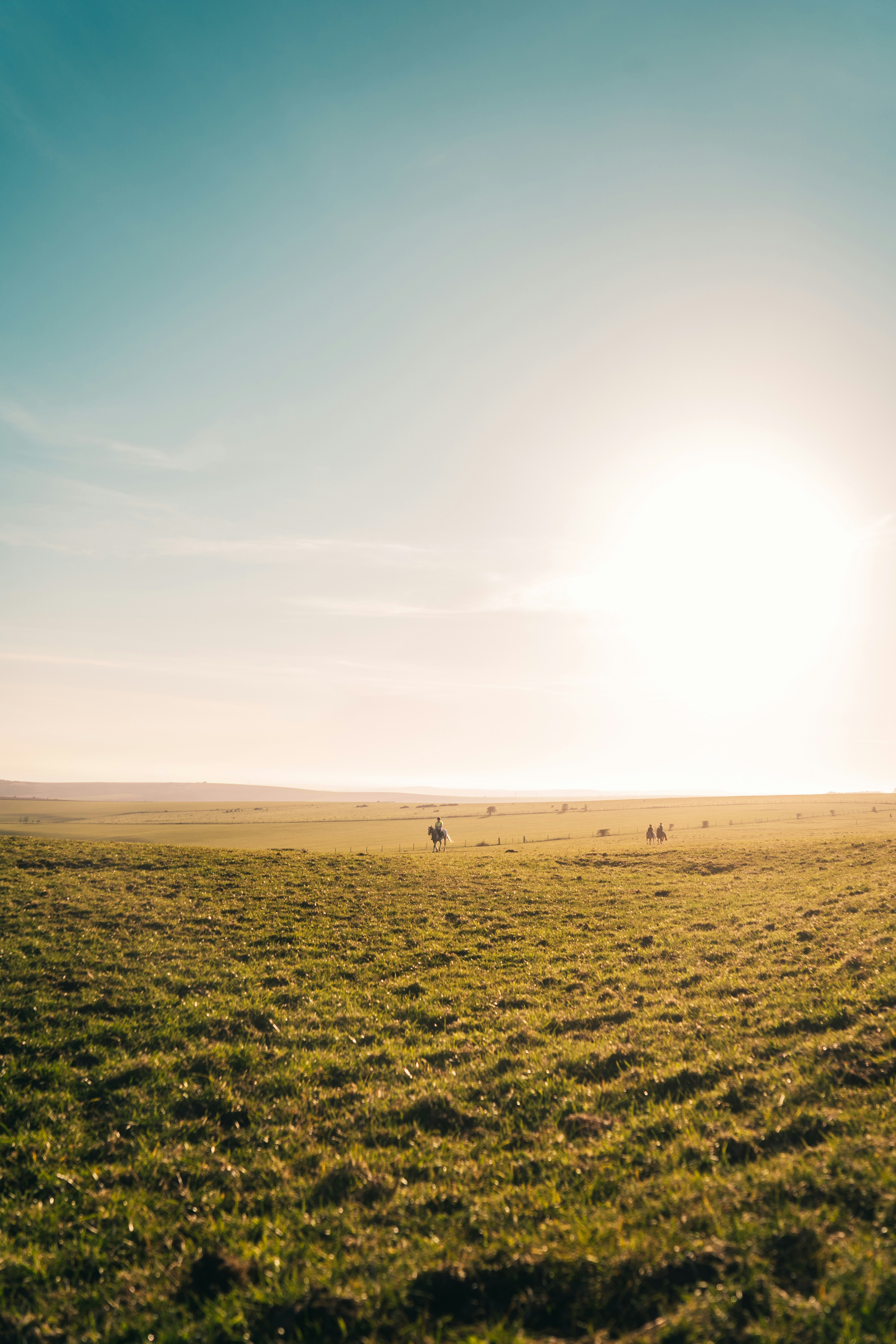 Vast green fields stretch under a bright sun, with distant figures enjoying the serene landscape. The scene captures the essence of tranquility and connection with nature.
