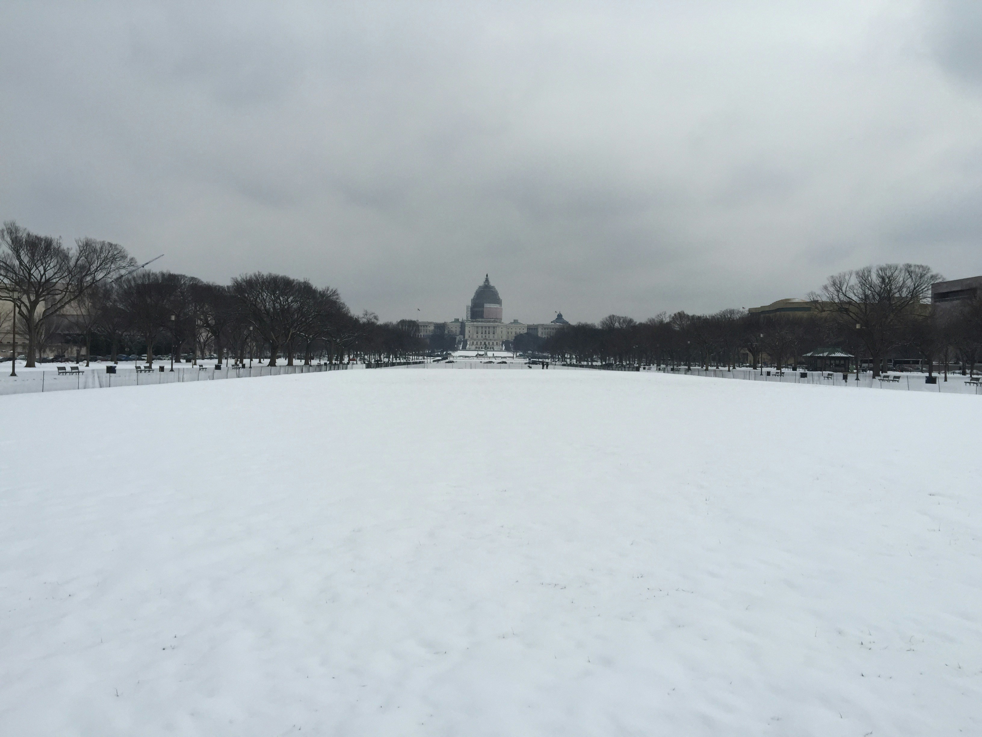 Snow-covered landscape leading to the Capitol building under a cloudy sky. The scene captures the stillness of winter in an iconic location.