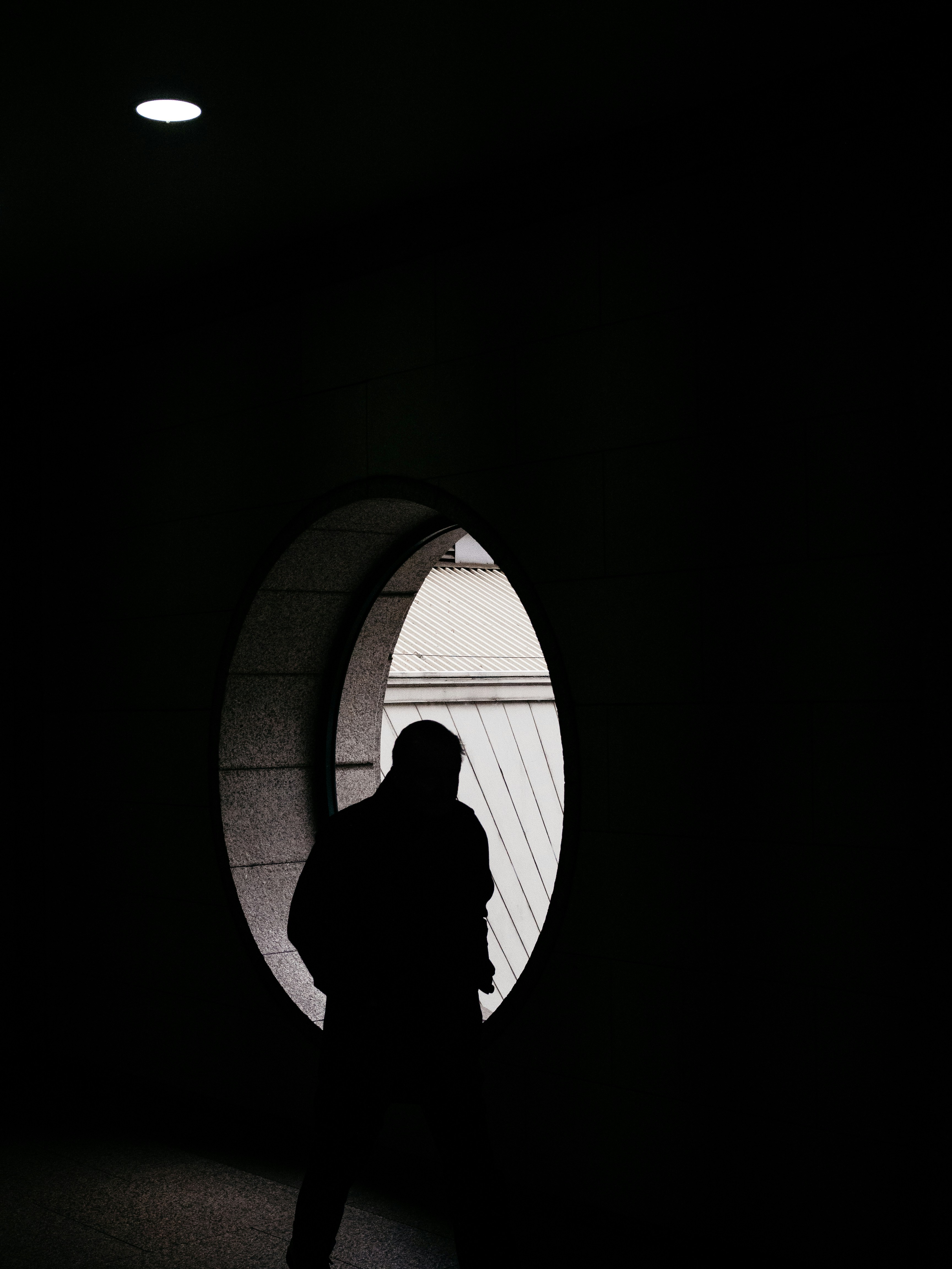 A dark silhouette of a person stands against a circular window, contrasting with the lighter exterior background.
