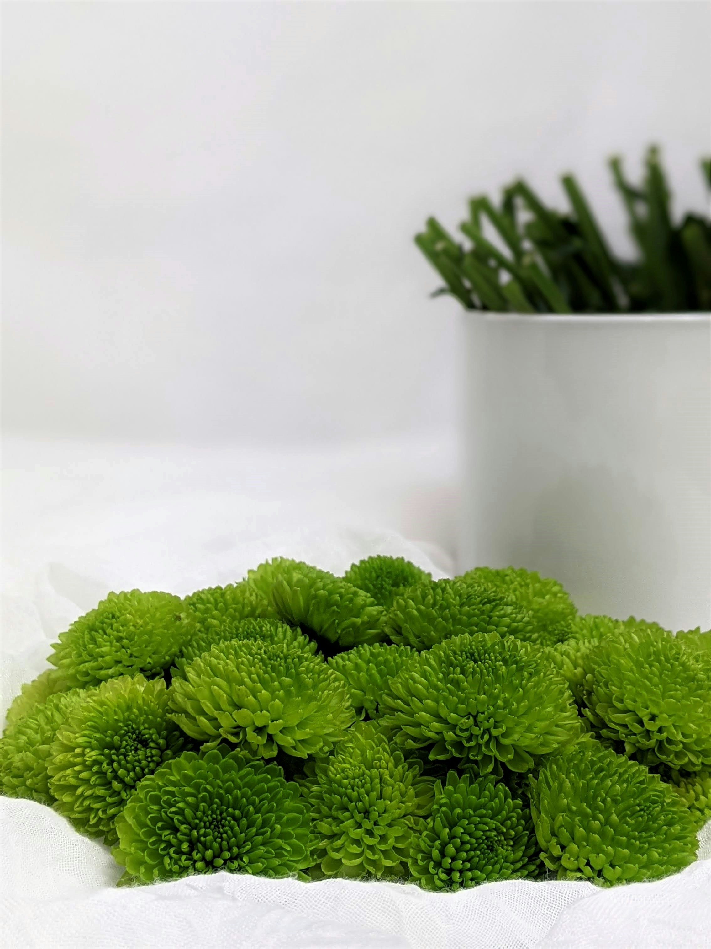 Emerald Chrysanthemum Cascade on White Linen