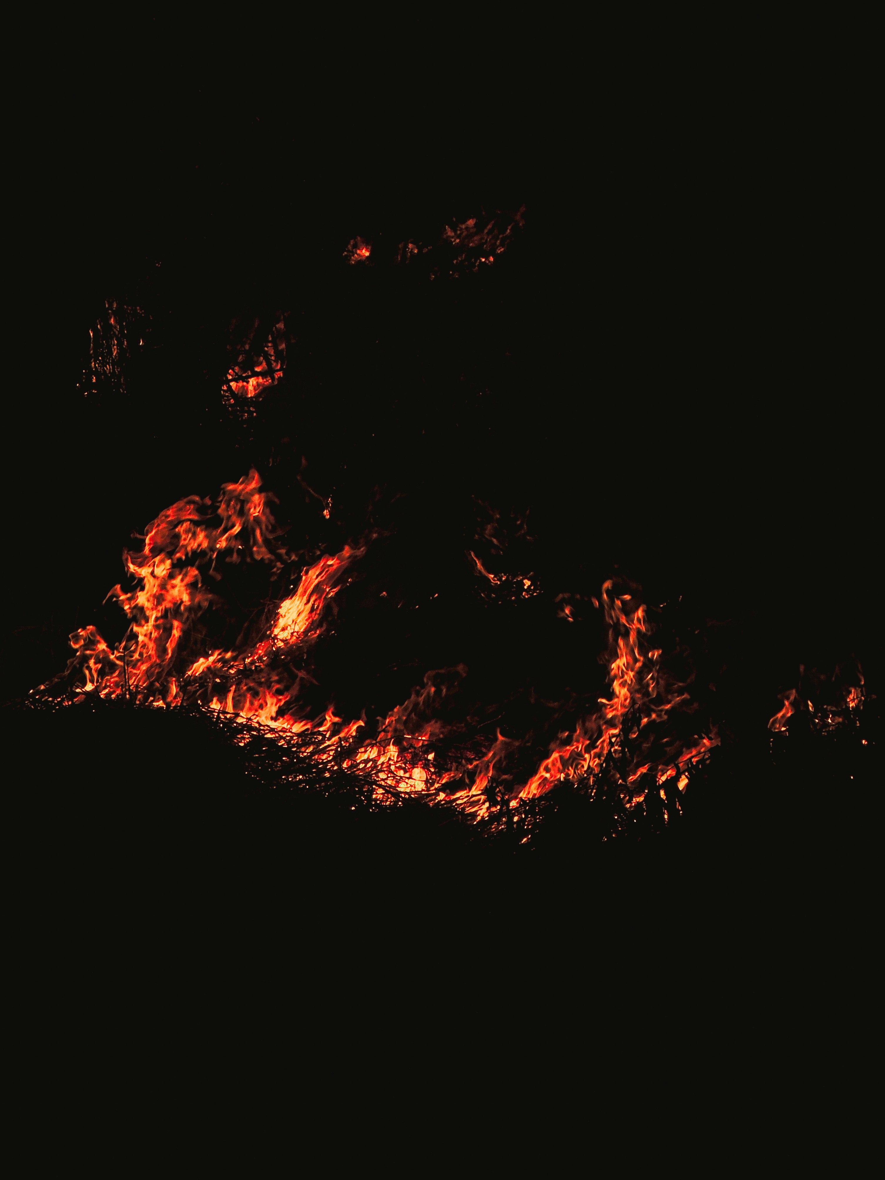 Vivid flames flicker against a dark backdrop, illuminating the night with their fiery glow. The image captures the essence of a controlled burn or campfire ambiance.