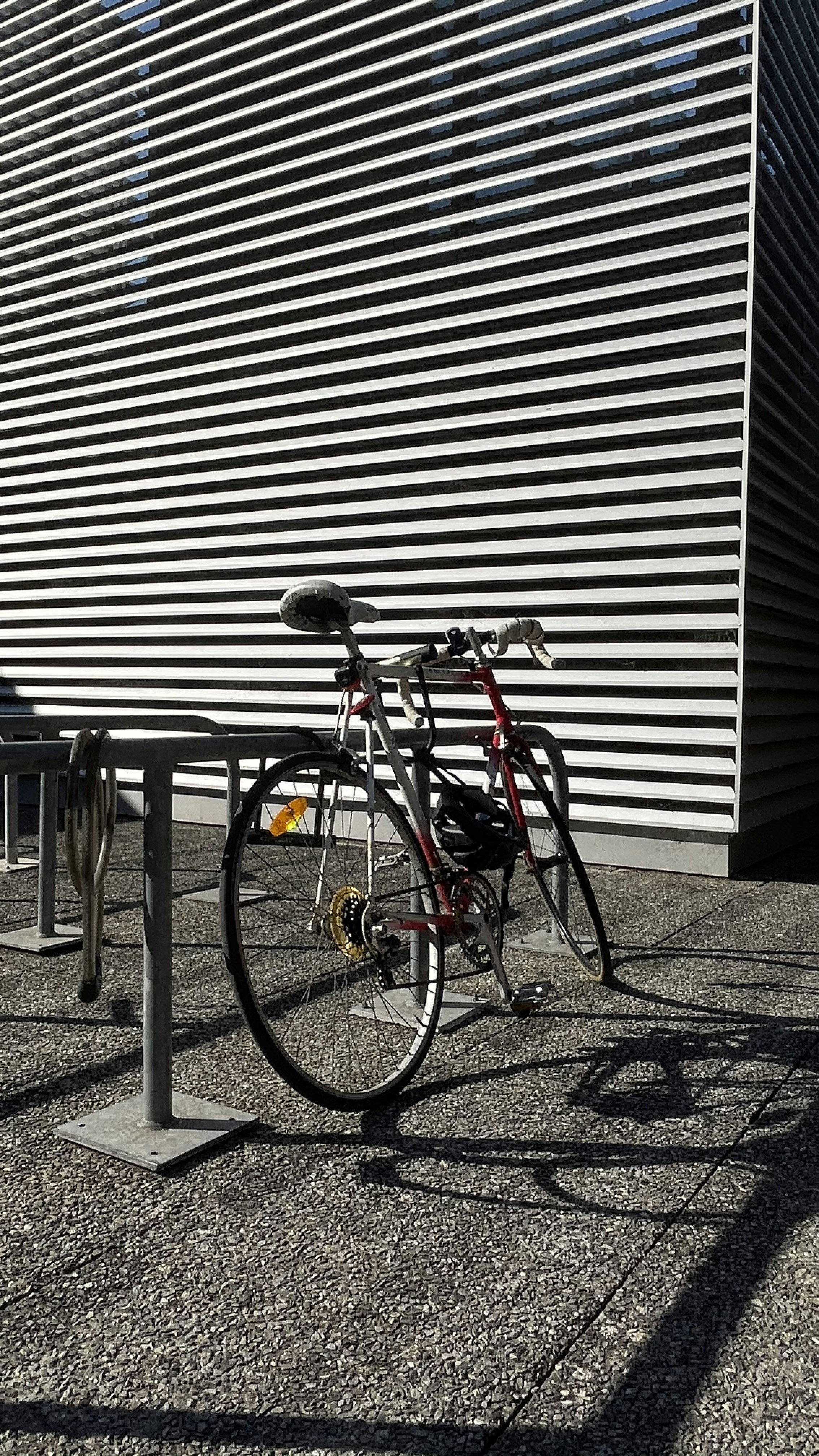 red and black city bike parked beside gray steel roll up door