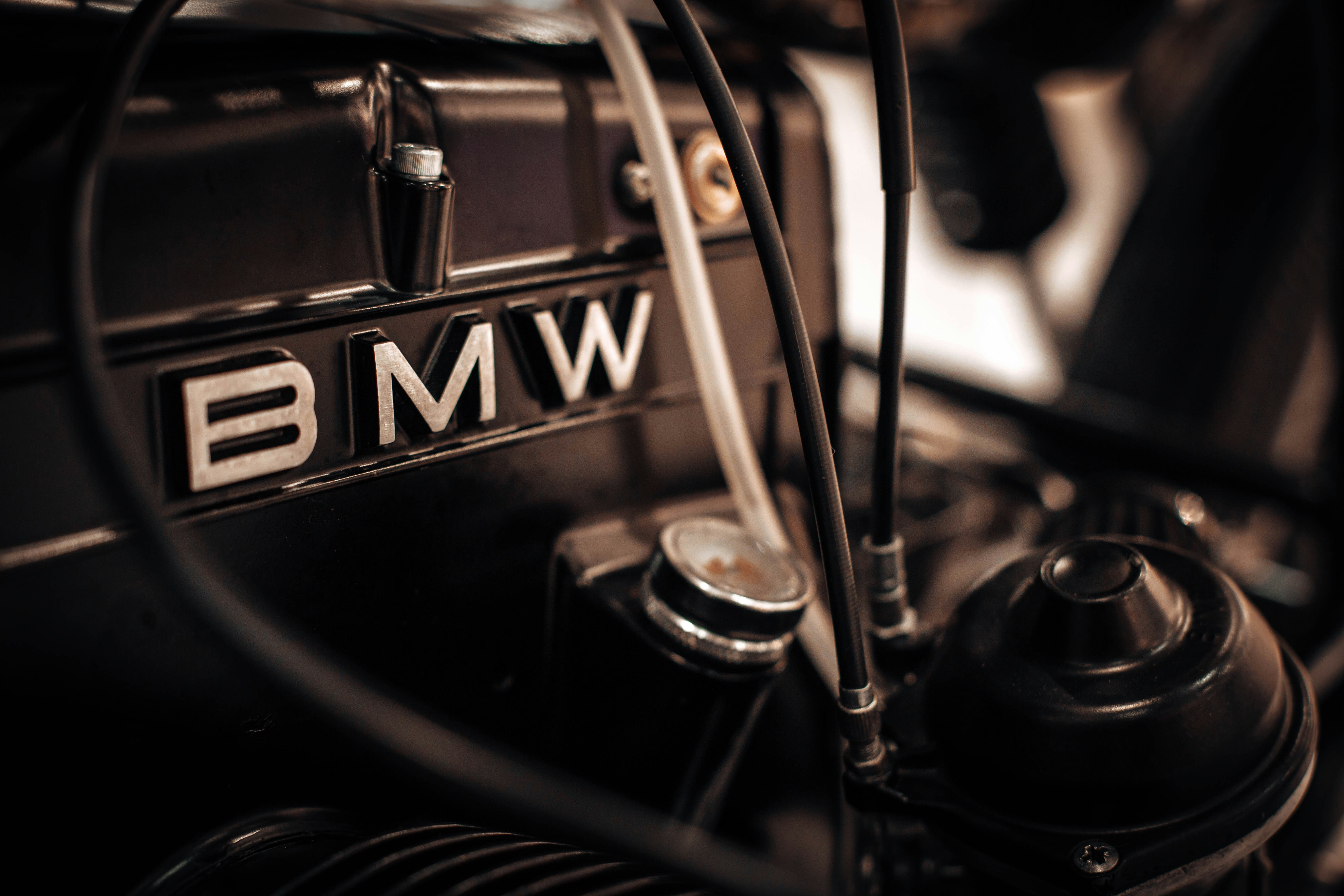 Sepia Close-Up: BMW Engine Anatomy Framed by Coiled Cables