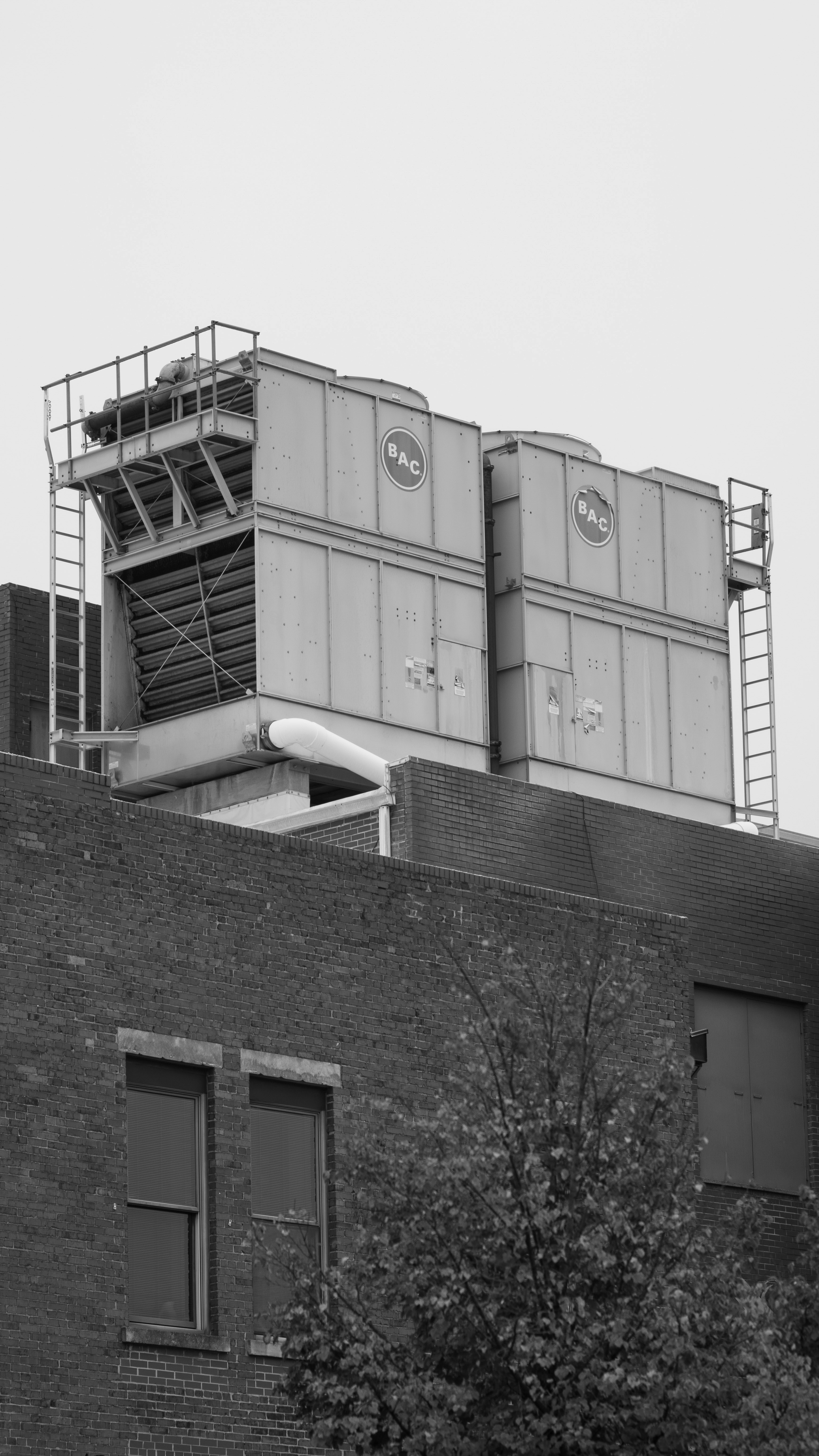 Twin BAC Cooling Towers Rise Over a Brick Rooftop, Monochrome