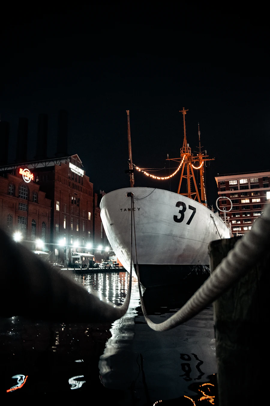 White ship marked 37 moored beside illuminated waterfront buildings at night, with reflections shimmering on the dark water and thick ropes framing the foreground.