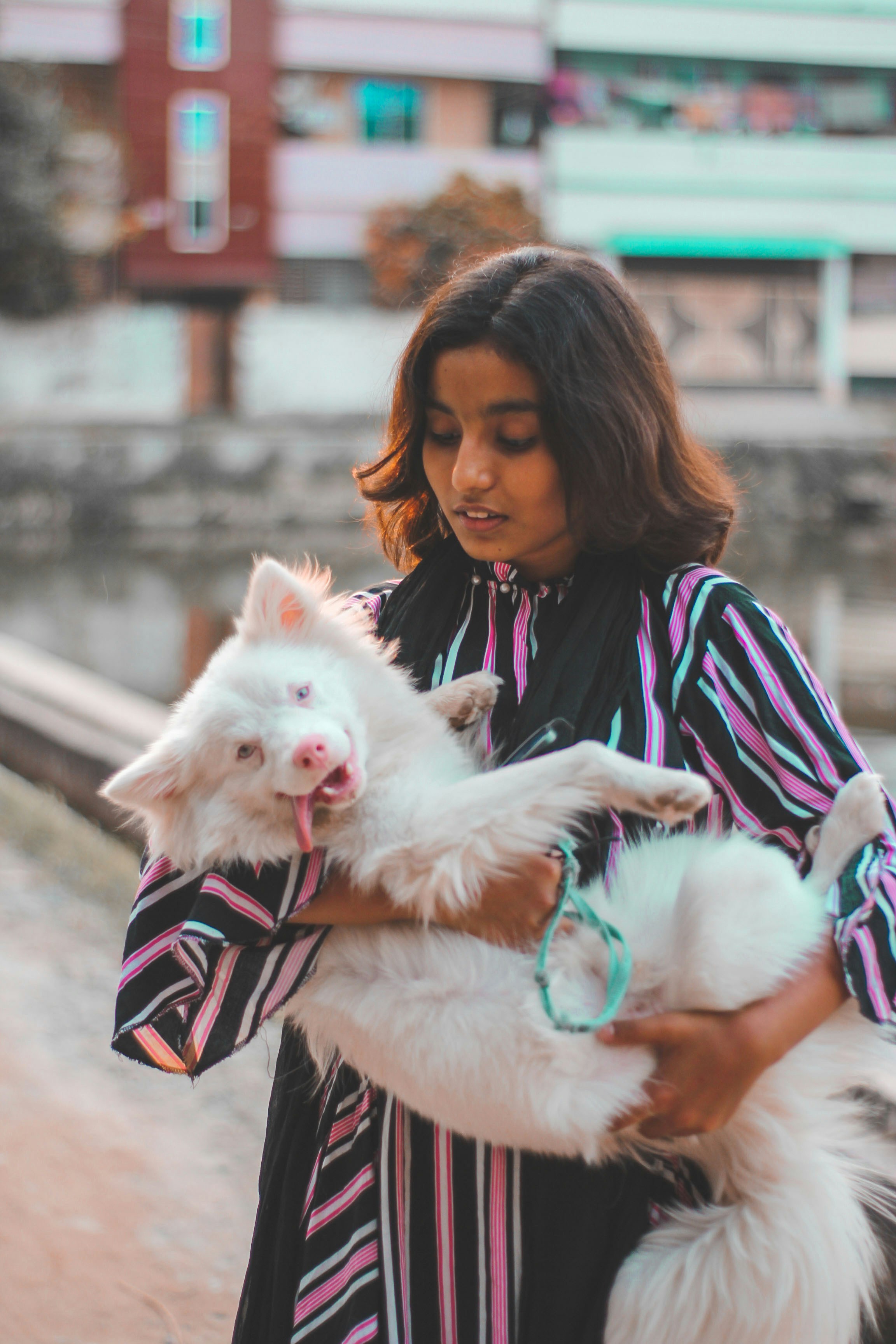 Riverside Whimsy: A Striped Dress, a Fluffy White Pup, and a Quiet Moment
