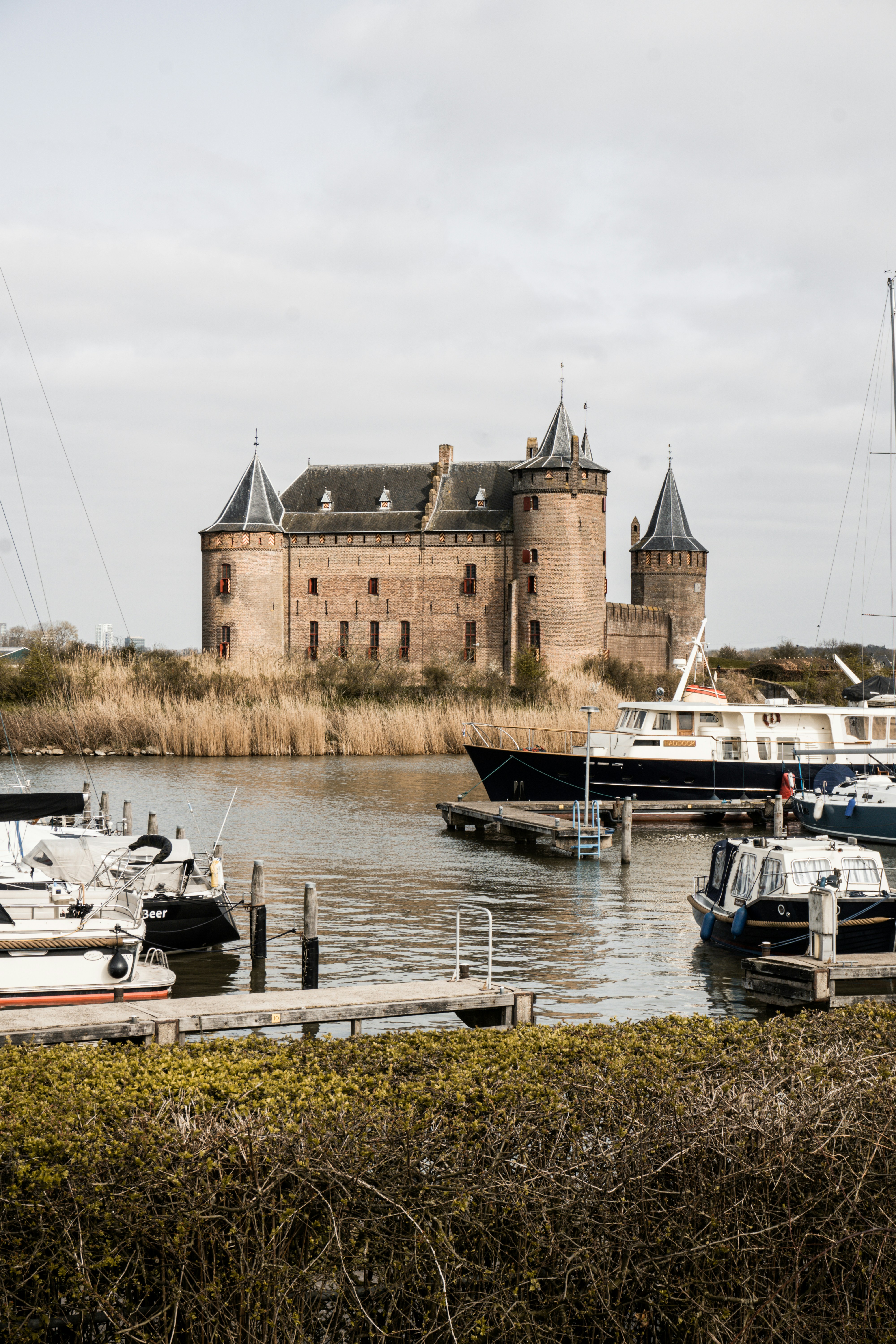 castle with harbor in foreground