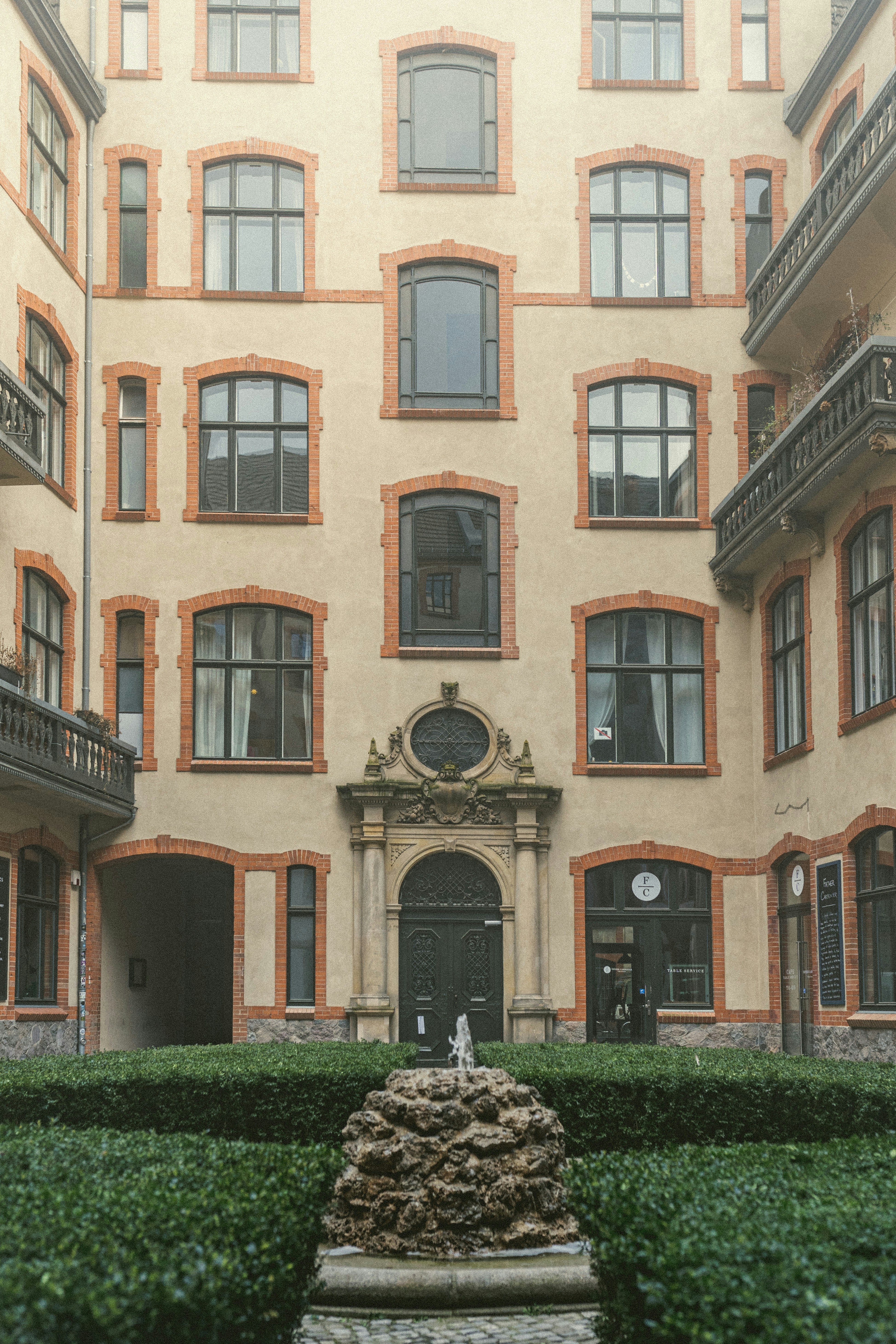 Inner courtyard with a fountain in the city of Berlin, Germany.
