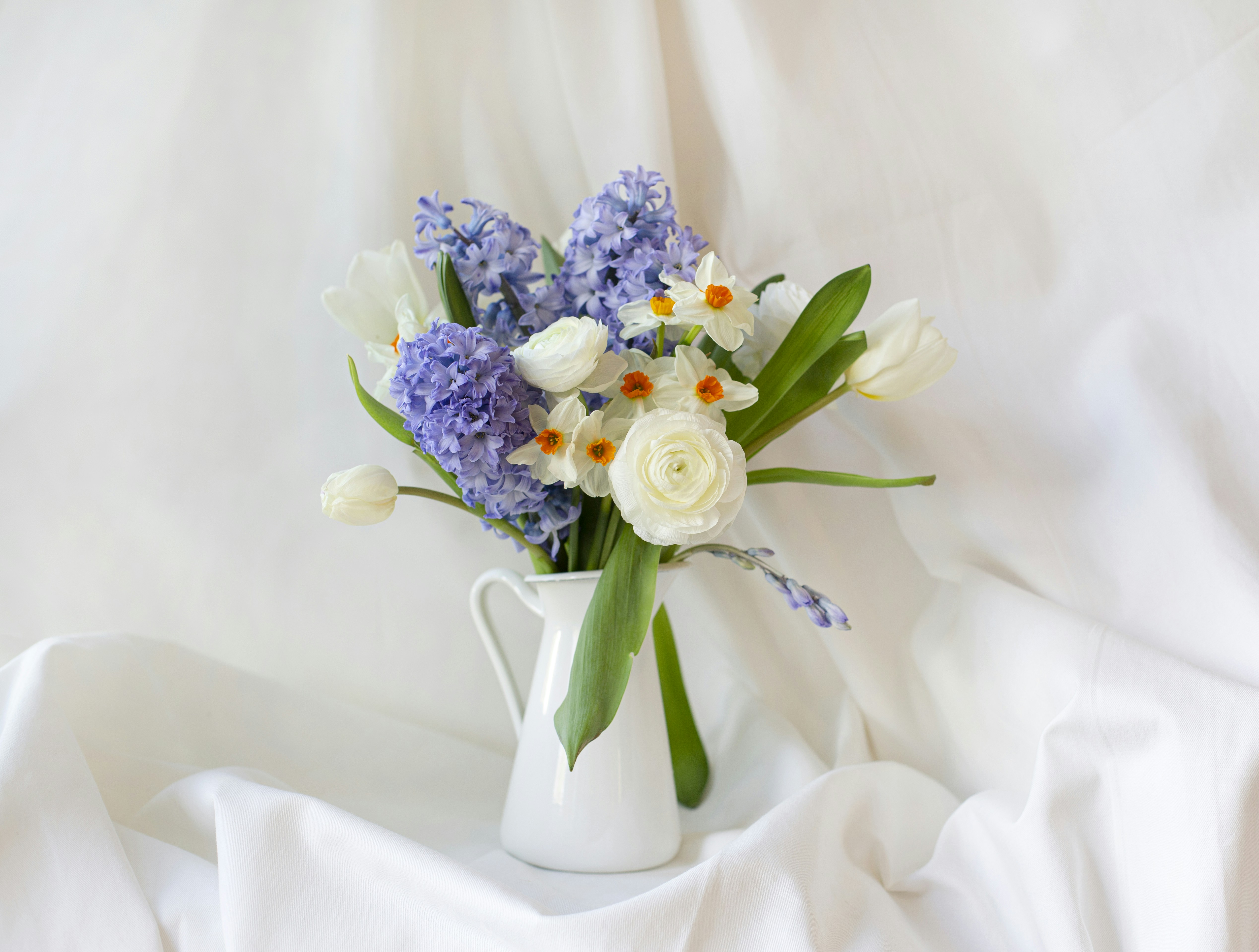 A delicate bouquet featuring hyacinths, tulips, and ranunculus arranged in a white pitcher on a soft backdrop.
