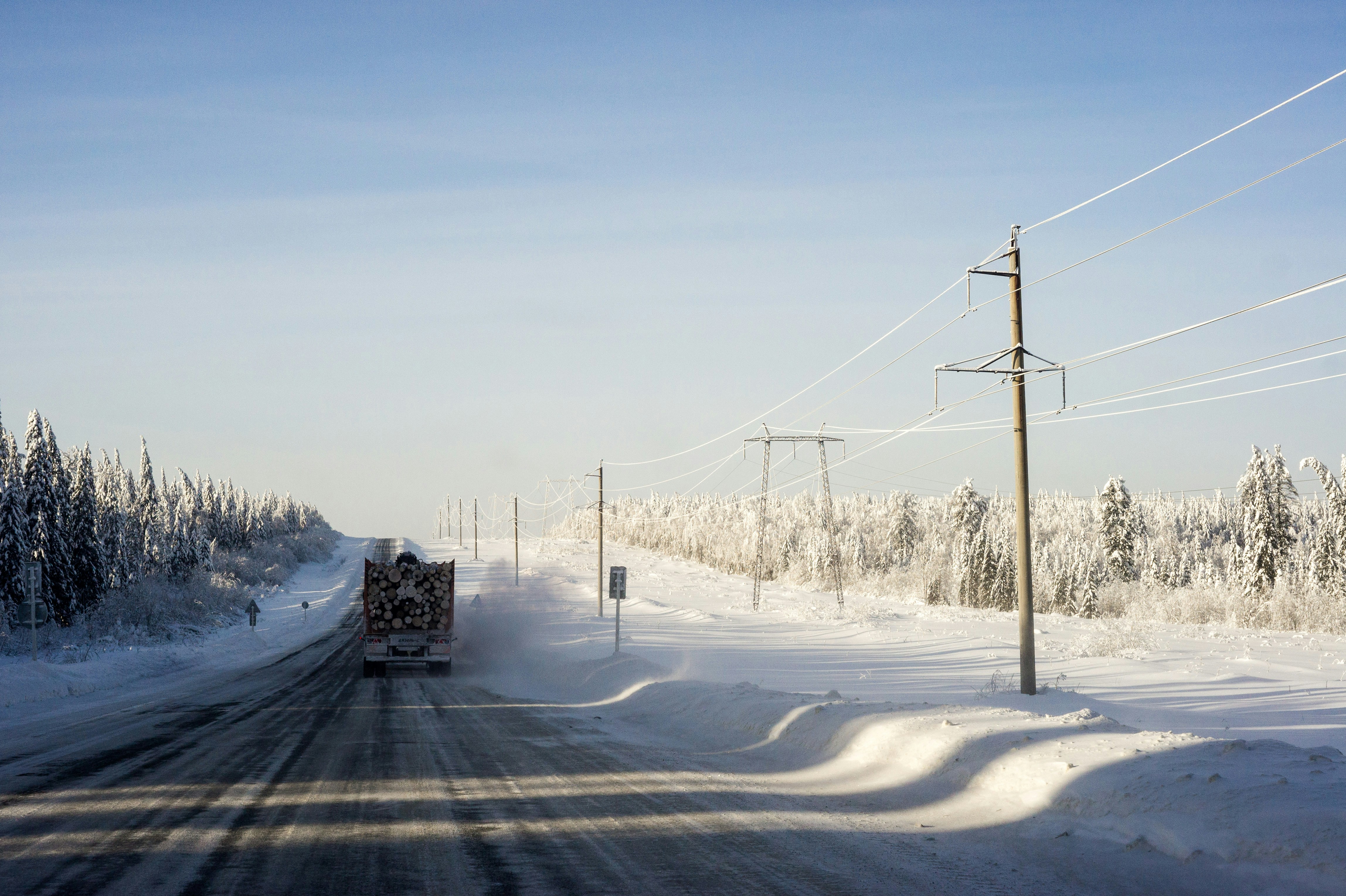 Snowbound Freight on a Quiet Winter Highway