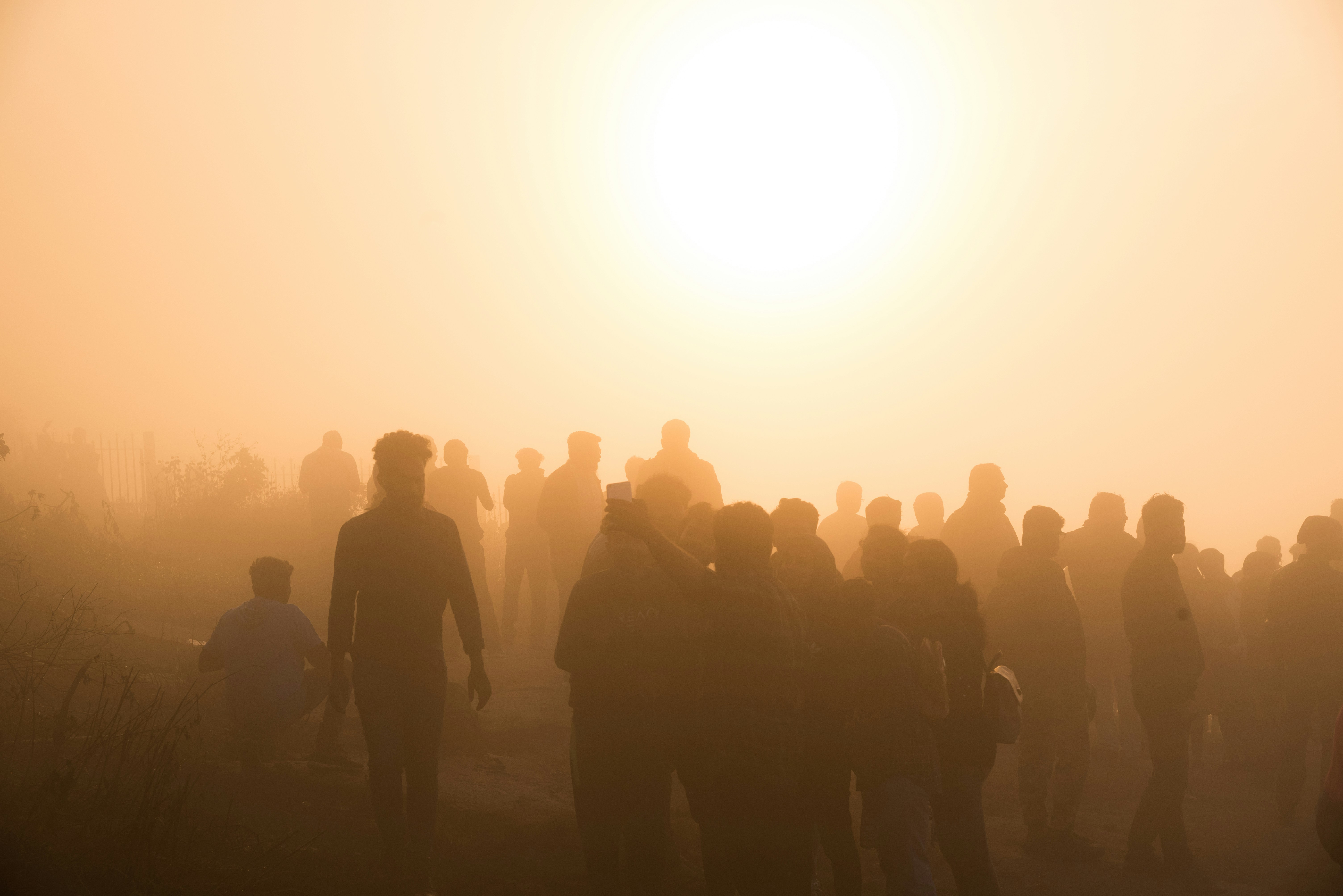 Silhouetted crowd standing in a foggy landscape as the sun rises.