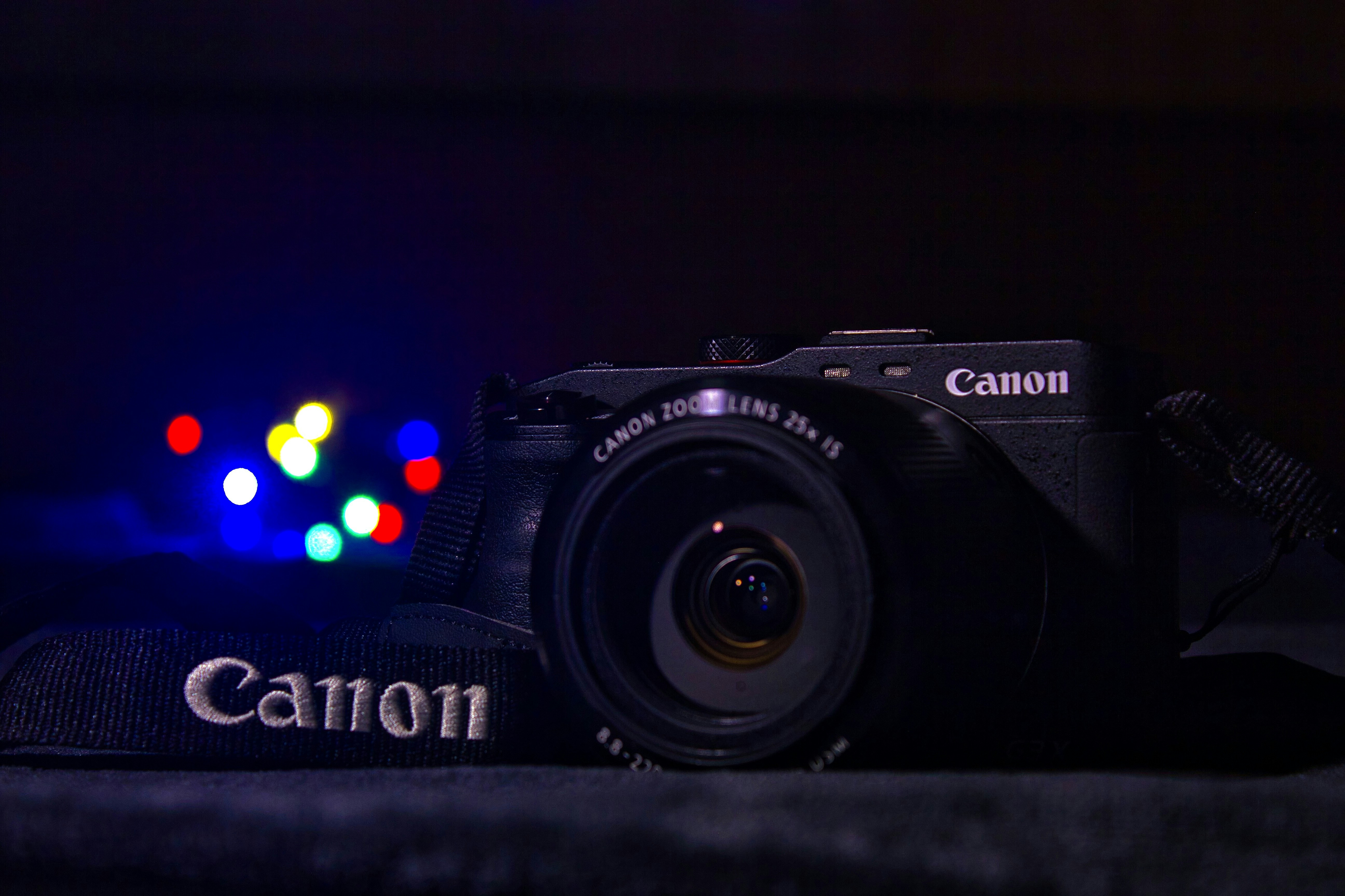 Night-Shift Canon: A DSLR Resting in Dim Light as Neon Bokeh Glows