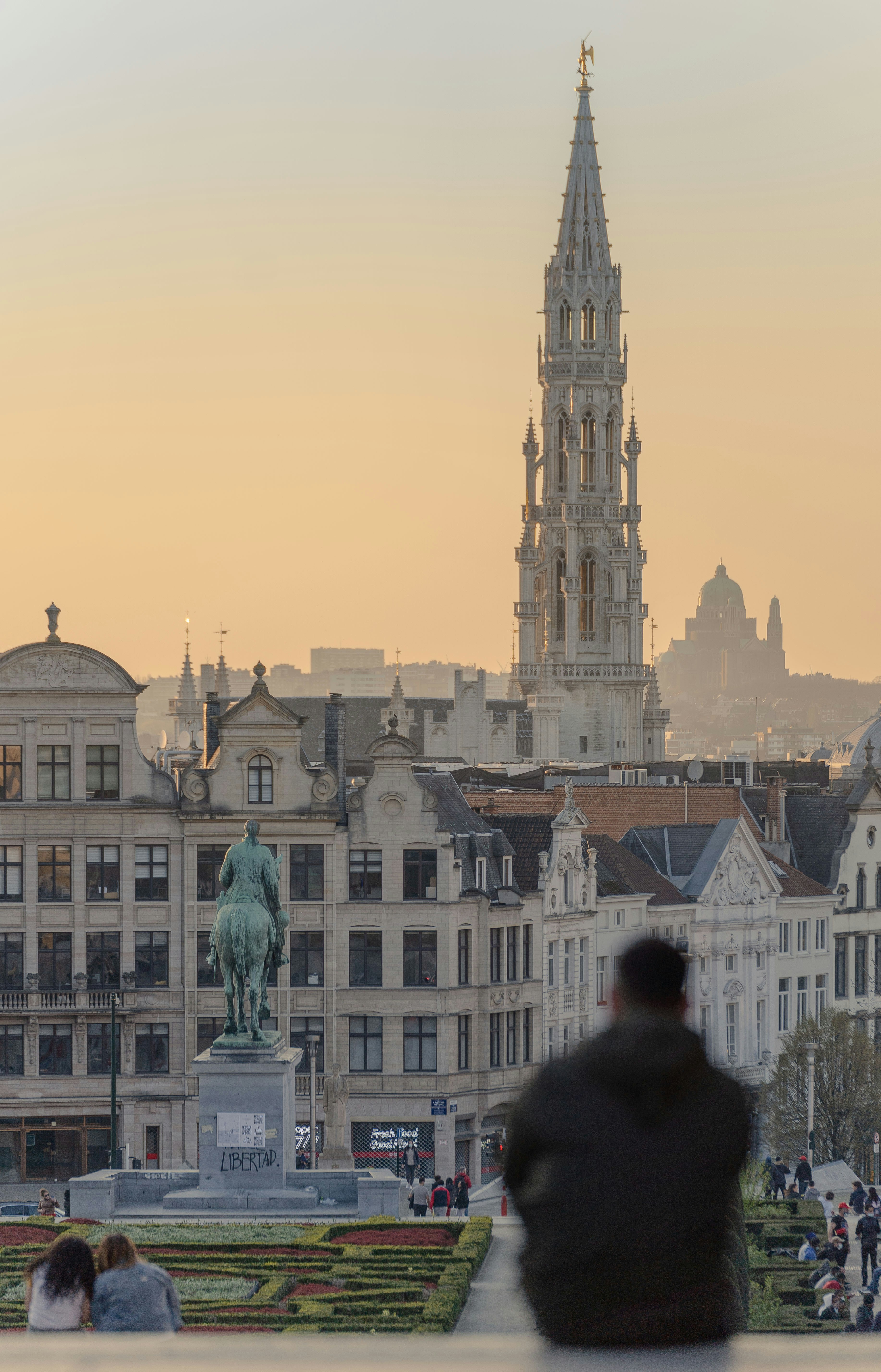 A solitary figure gazes over the historic skyline of Brussels, featuring the iconic spire of the Town Hall and a statue of a horseman in the foreground.