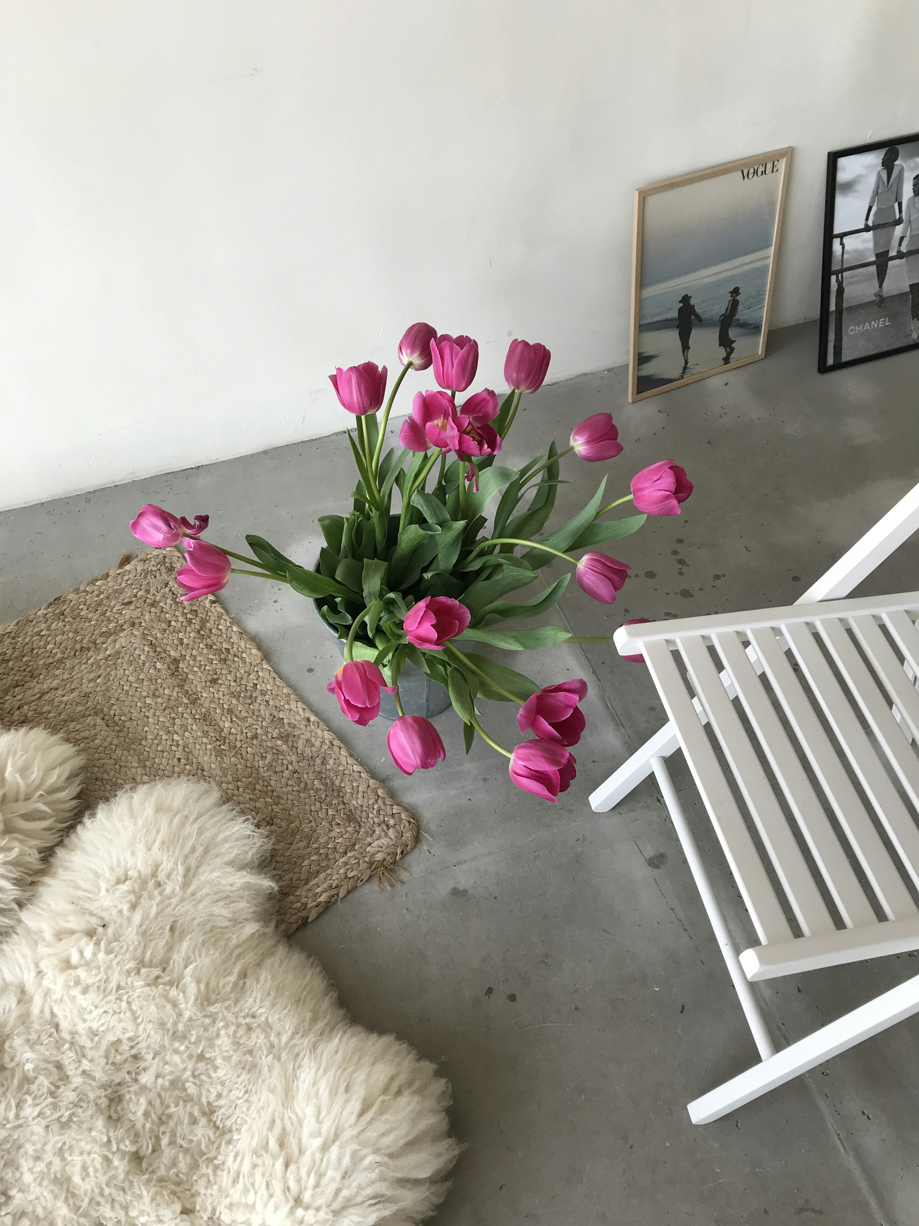 Pink Tulips on a Concrete Studio Floor, Framed by a White Chair and Leaning Prints