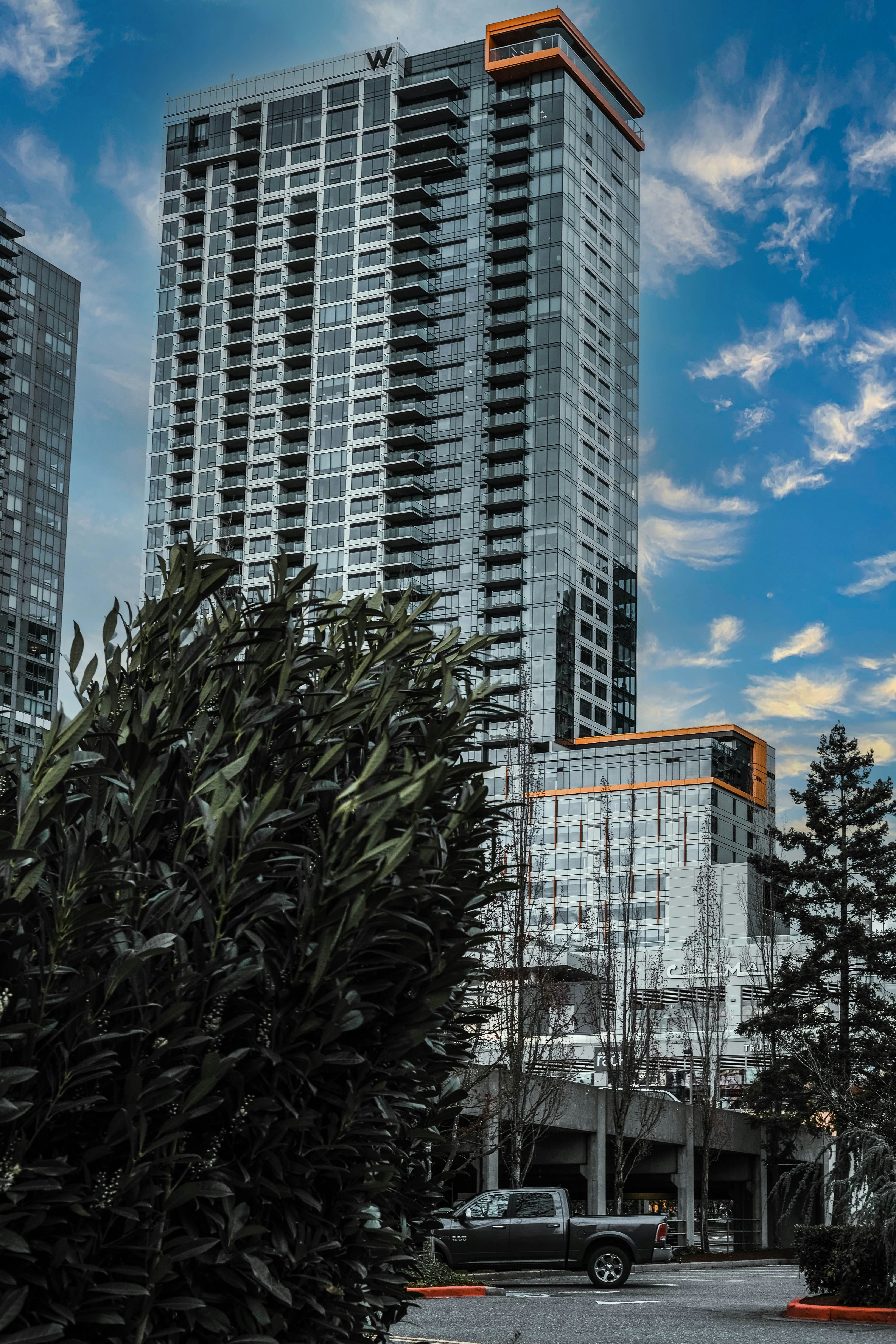 Tall glass buildings contrasting with lush greenery in an urban setting. The scene captures the blend of nature and modern architecture.