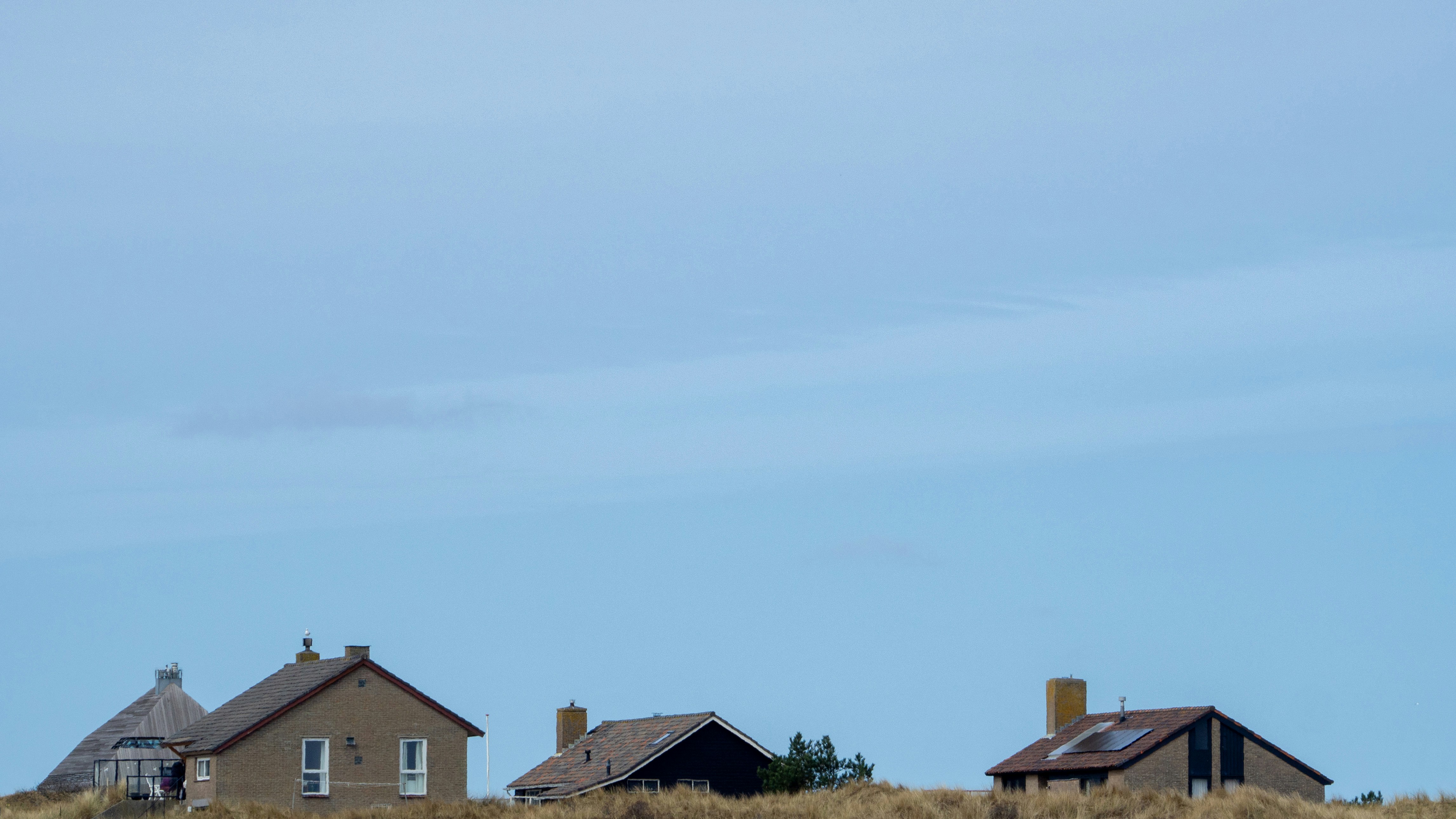 Row of suburban rooftops under a calm blue sky