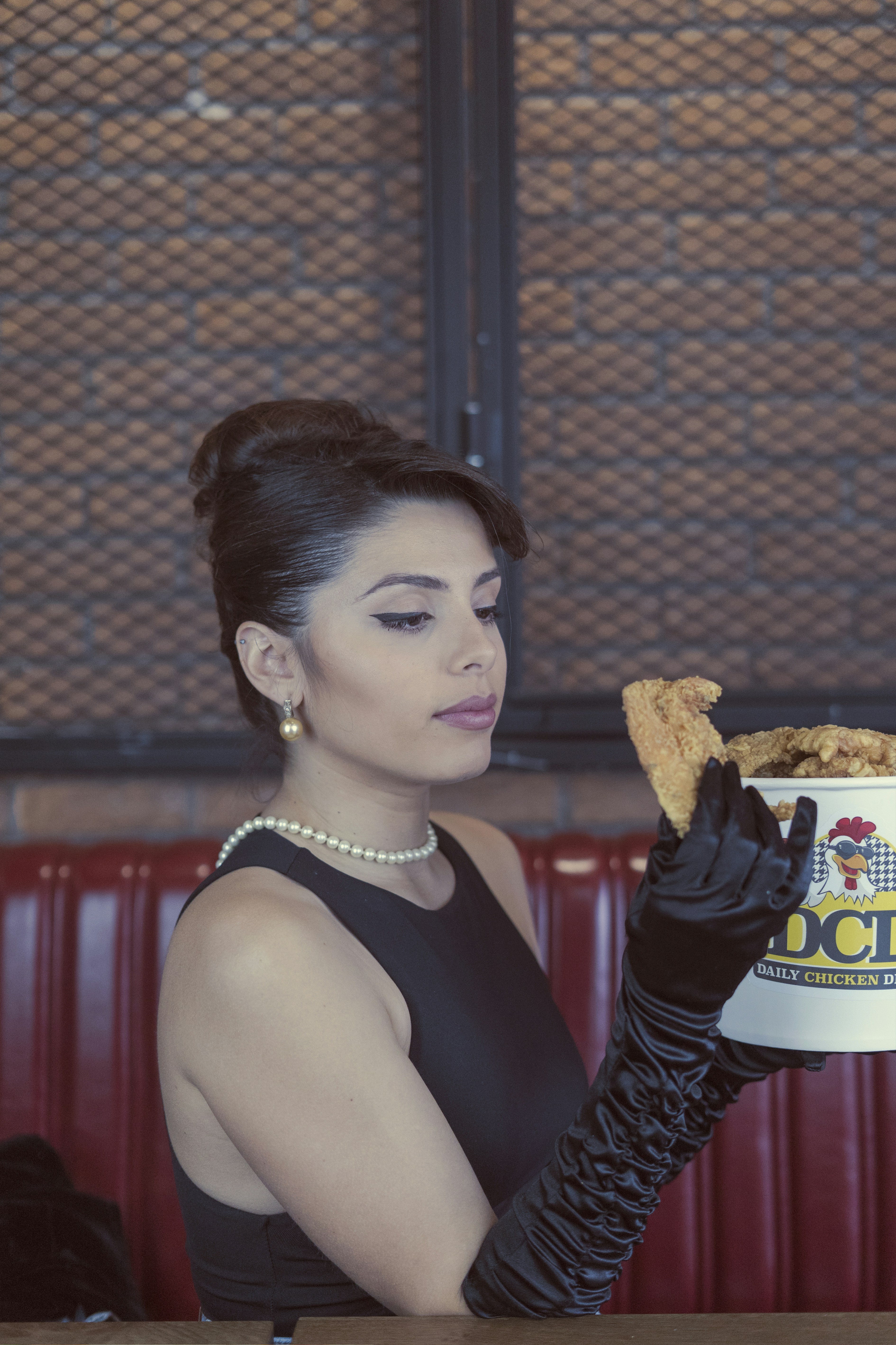 Gilded Glance: A Retro Breakfast Moment with Fried Chicken and Velvet Gloves