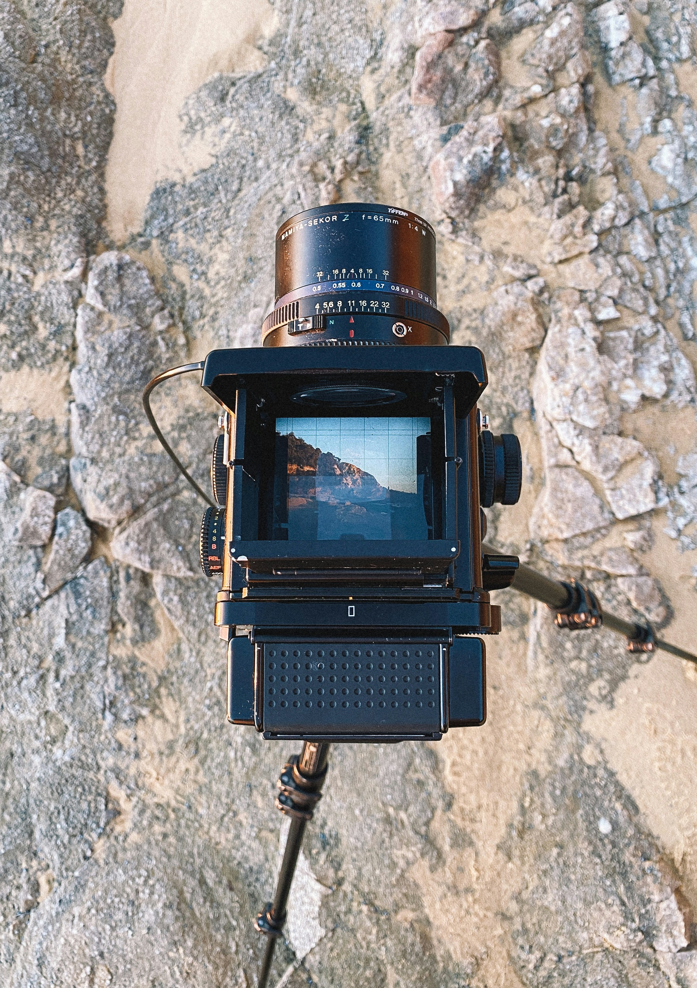 Front-Row View Through a Large-Format Camera on a Rough Stone Backdrop