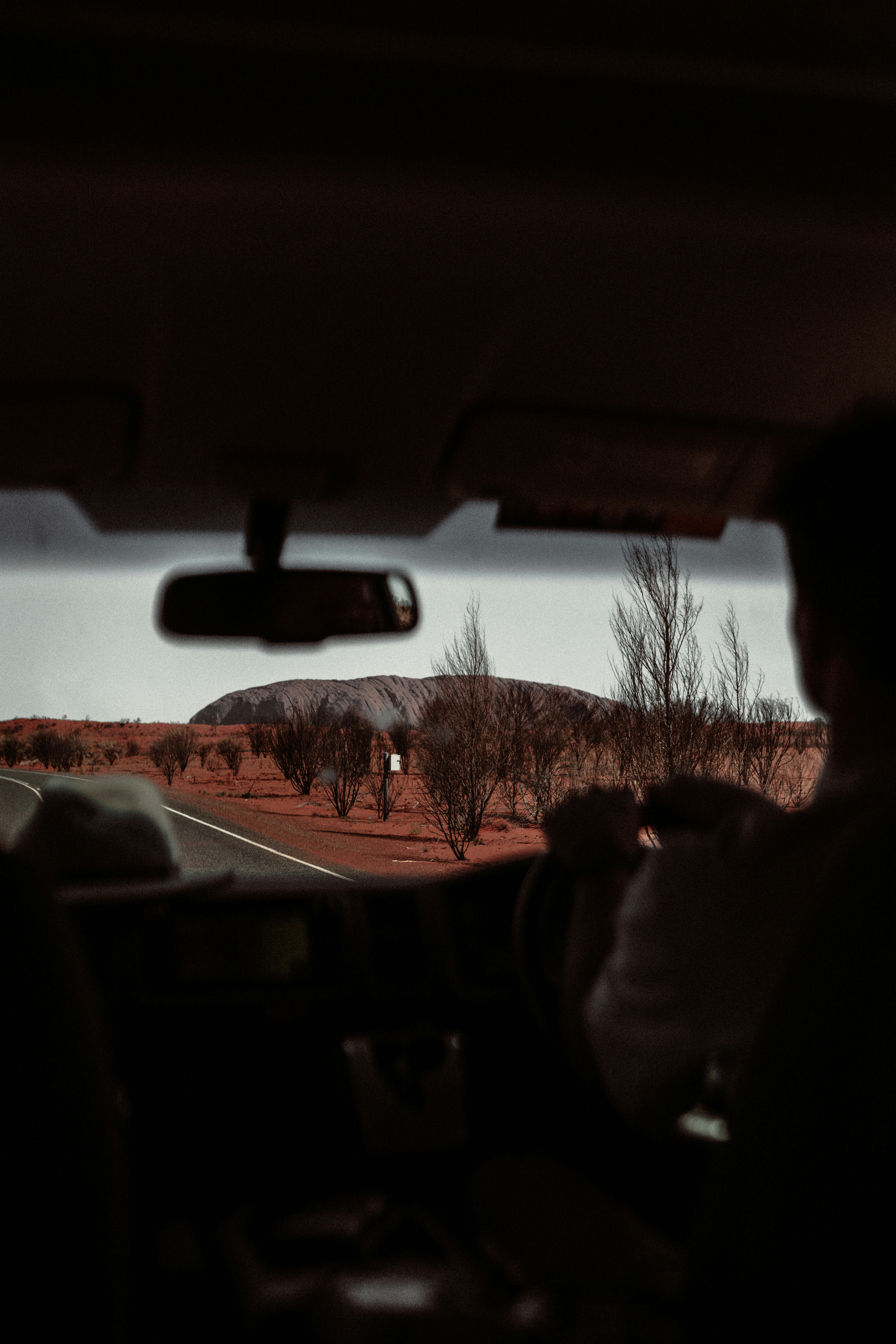 A driver navigating a winding road through a striking red desert landscape, with a distant mountain and sparse vegetation visible in the foreground.