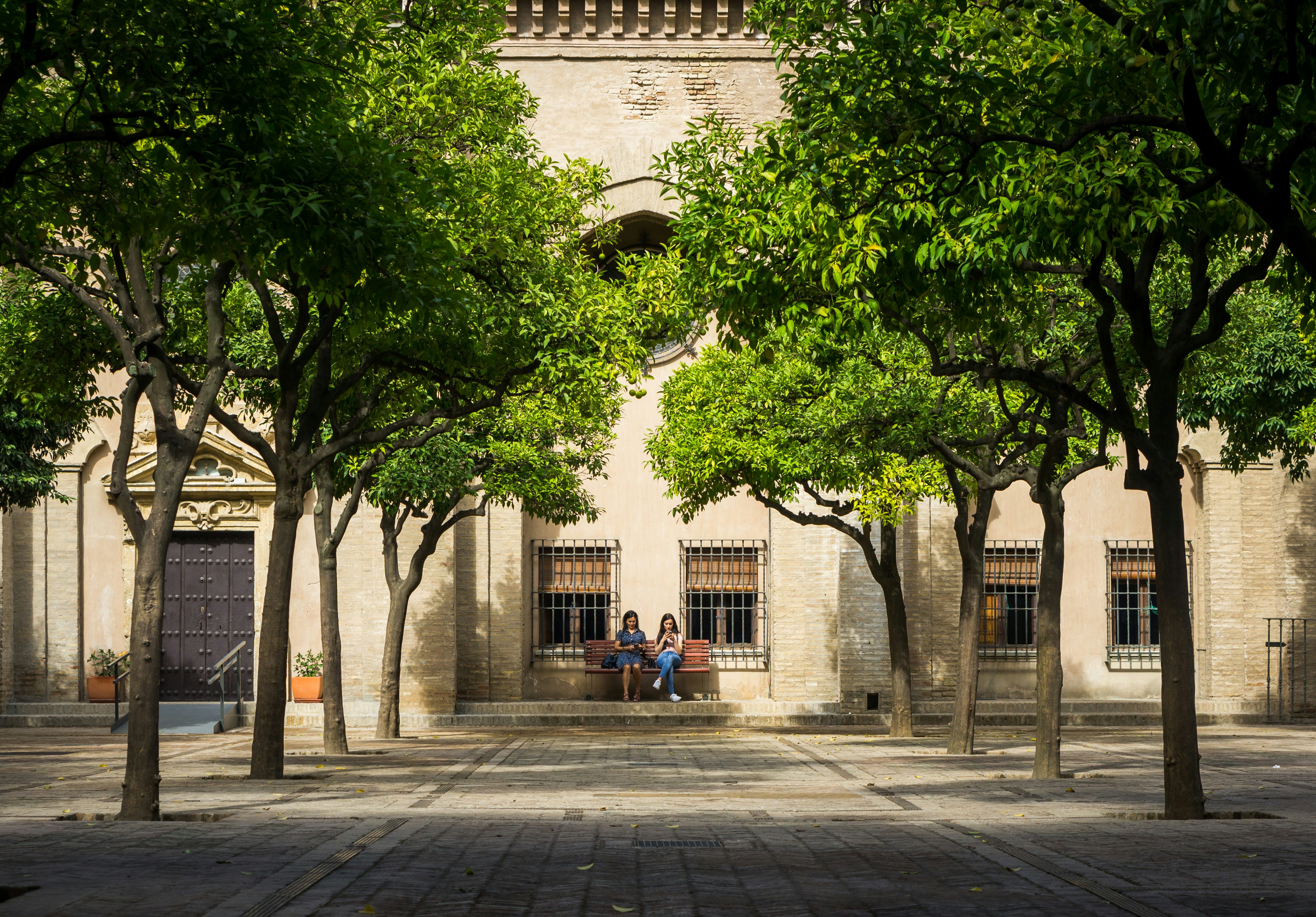 Sunlight filters through lush green trees framing a historic stone building with two people seated on its steps.