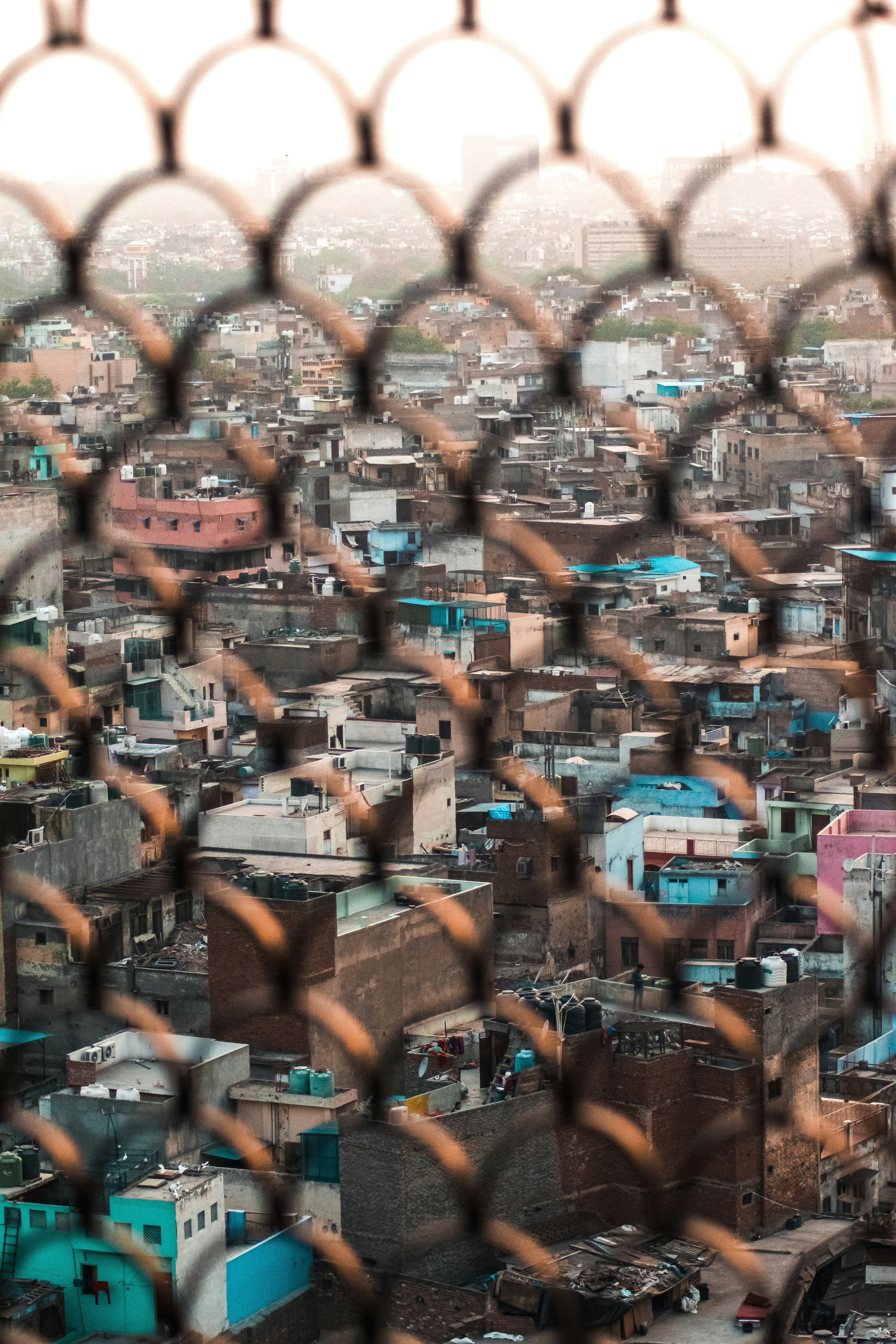 Through the Mesh: A City in Focus Behind Woven Barriers