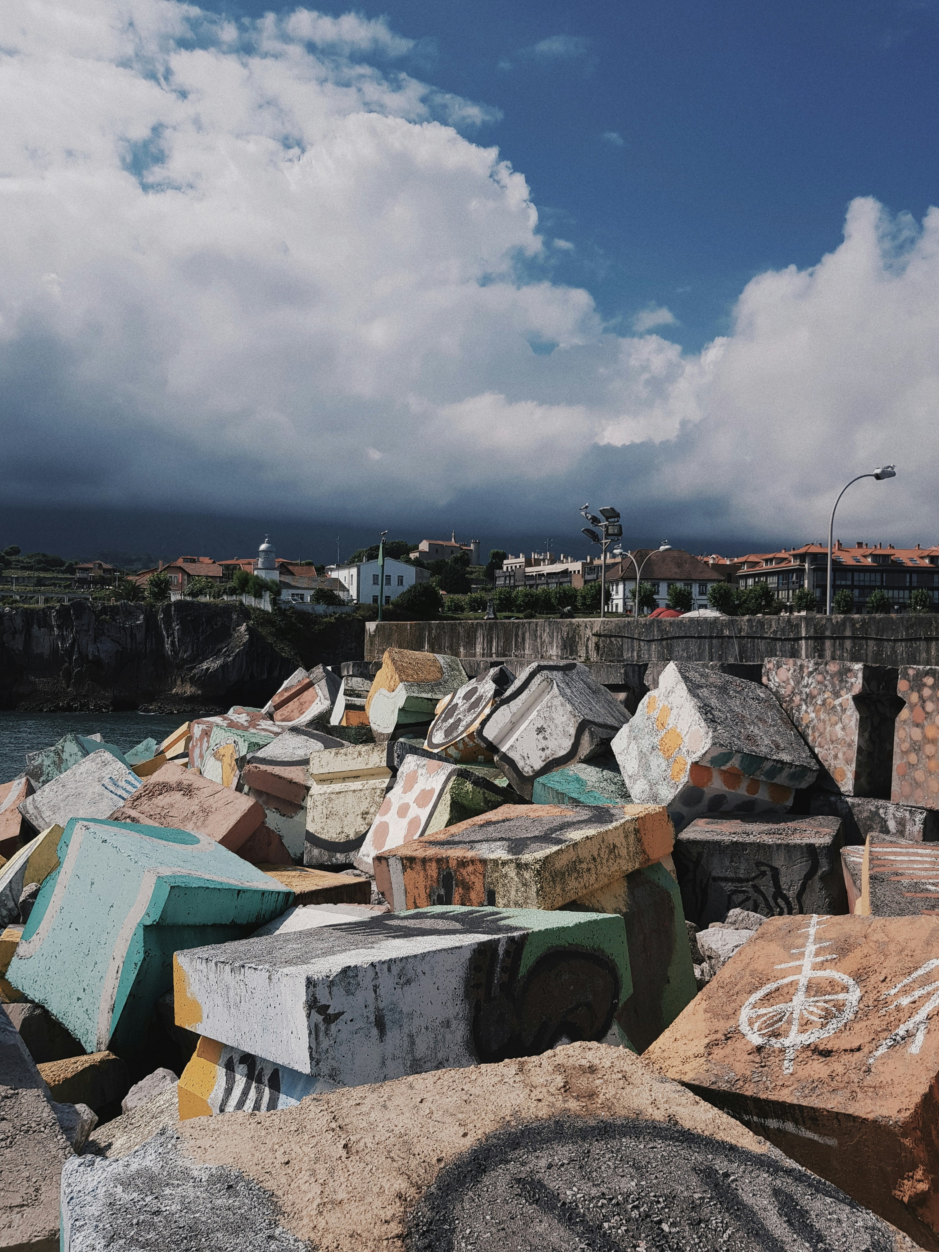 Breakwater Mosaic: Colorful Concrete Blocks Guard the Harbor