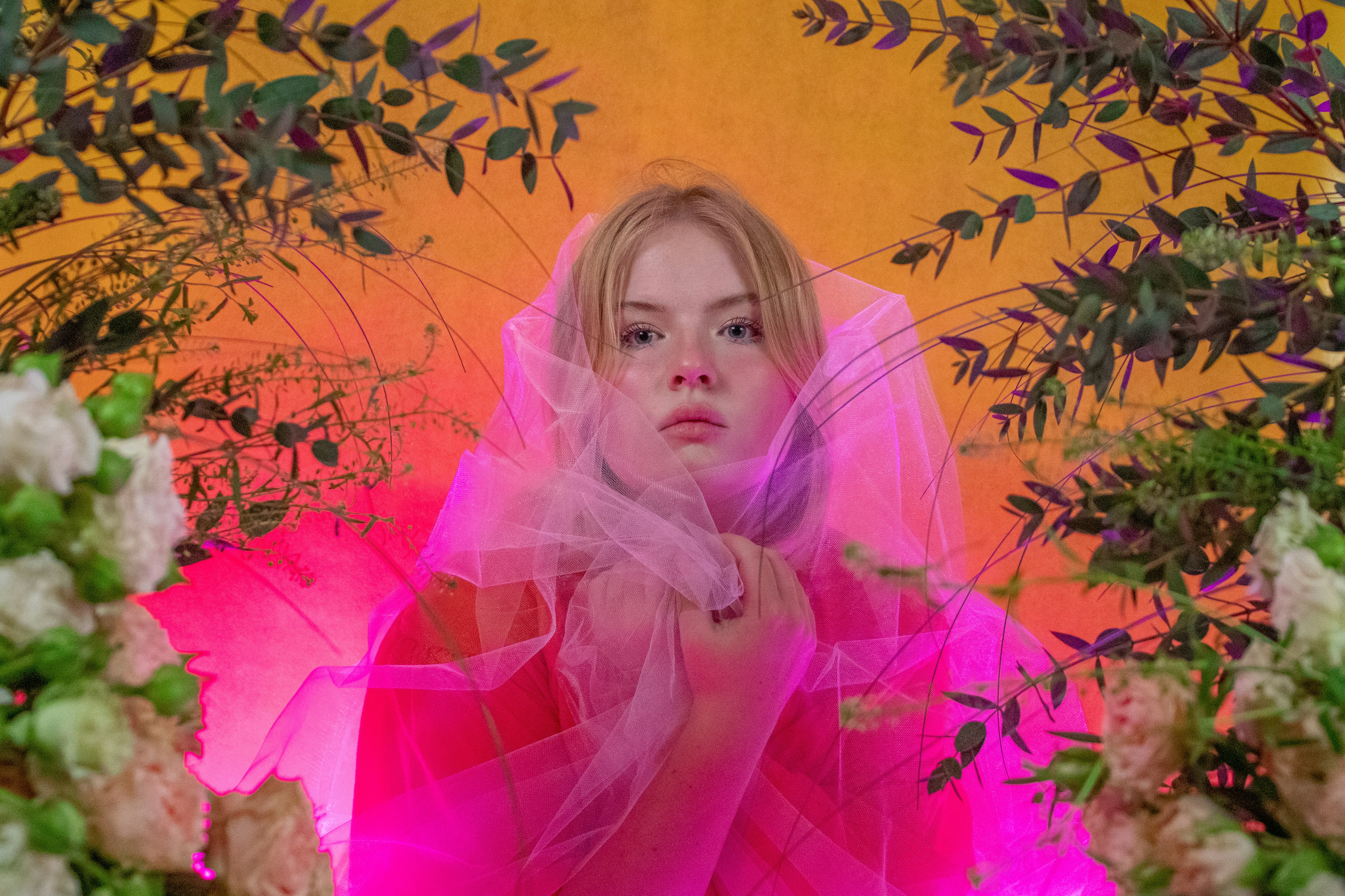 Pink Veil Portrait: Neon Bloom Reverie