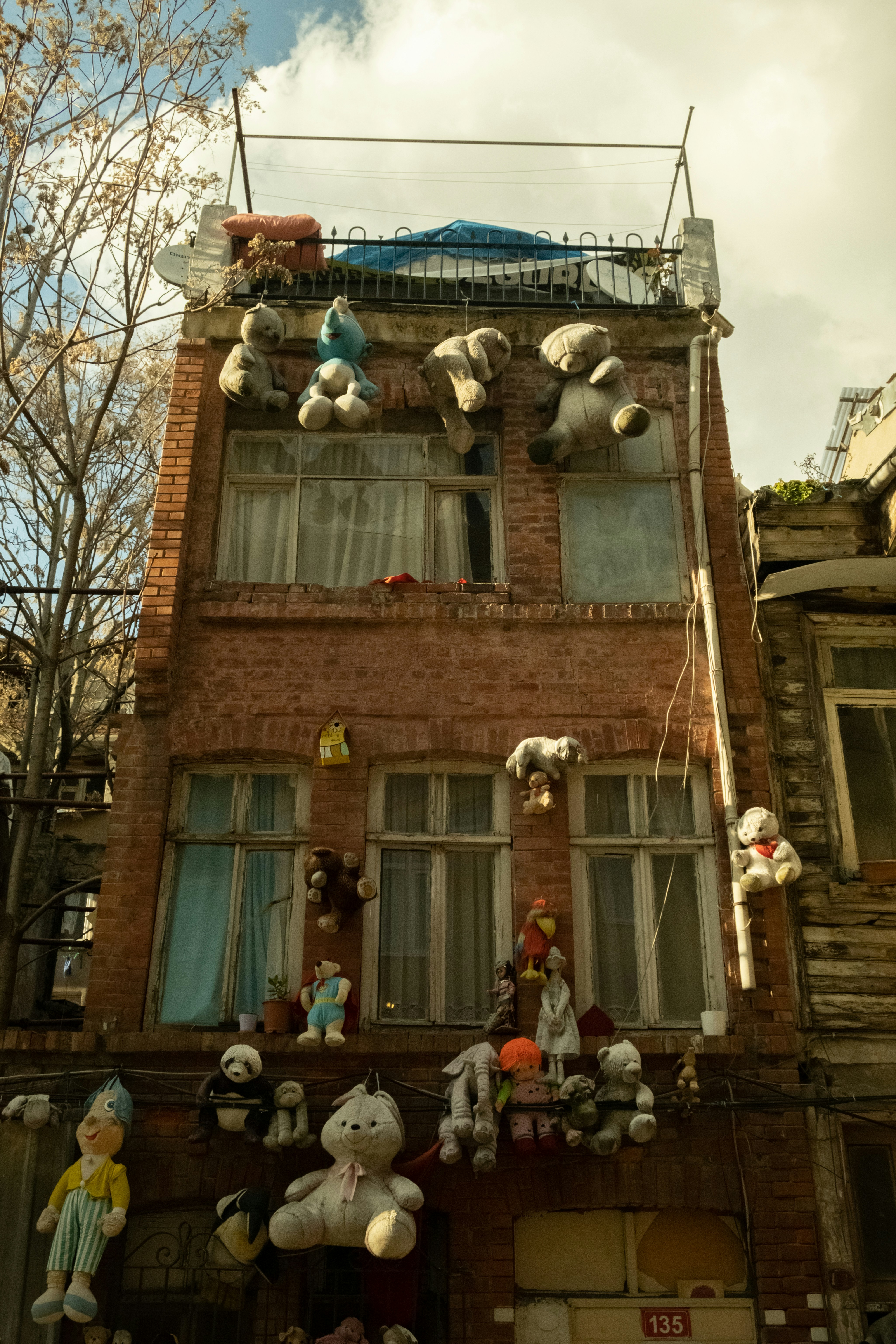 Plush Parade Clings to a Brick Building: A Curious Rooftop Menagerie