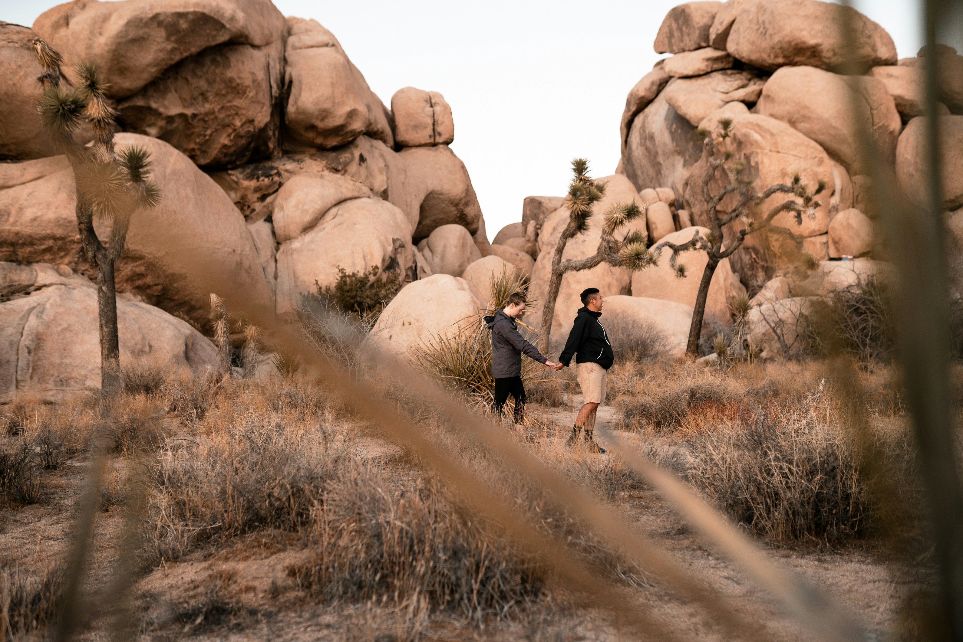 Handshake in the Granite Vale: two hikers framed by leviathan boulders