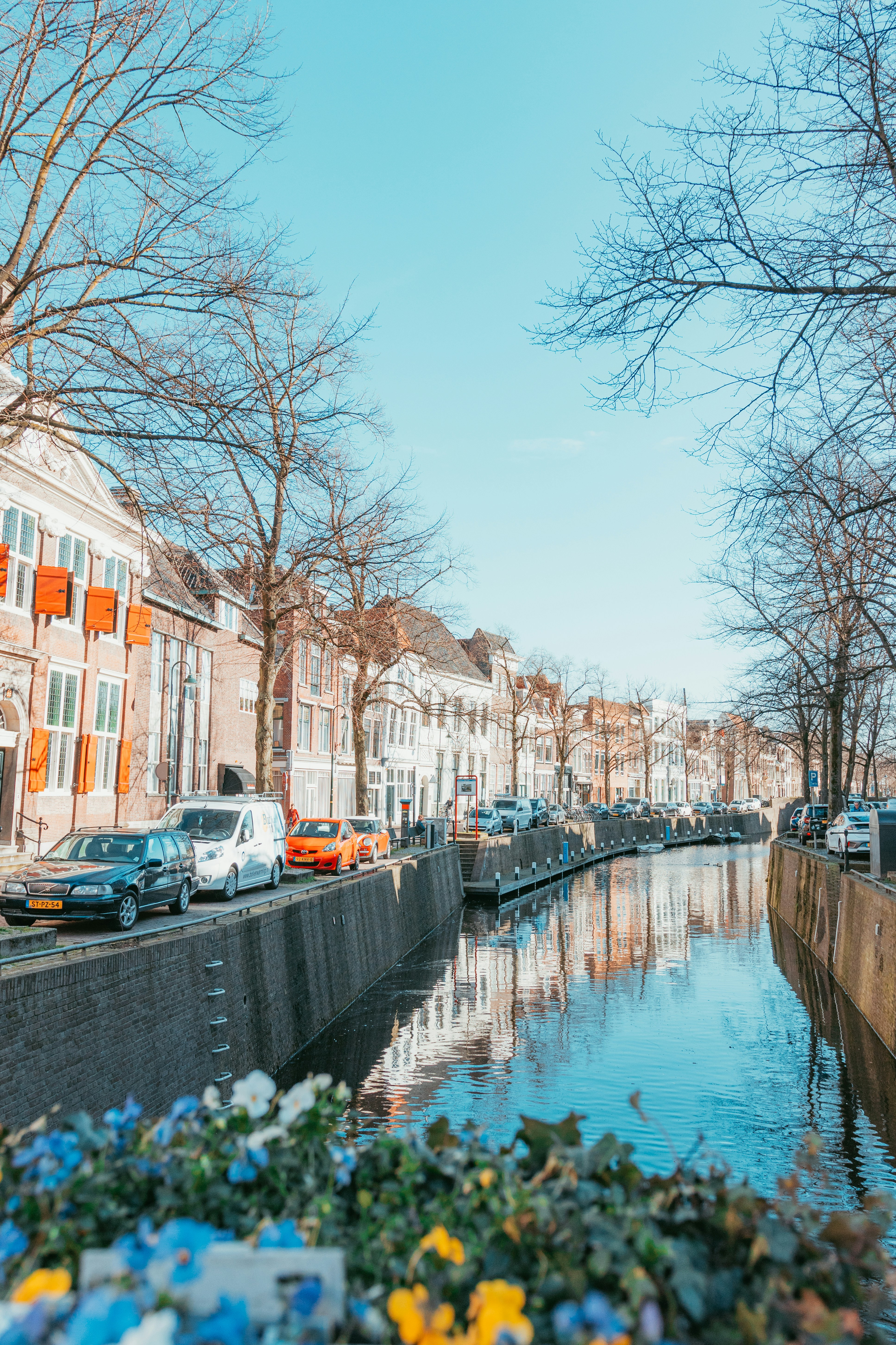 Charming canal lined with trees and colorful houses, reflecting in the calm water below. The scene captures a peaceful urban atmosphere.