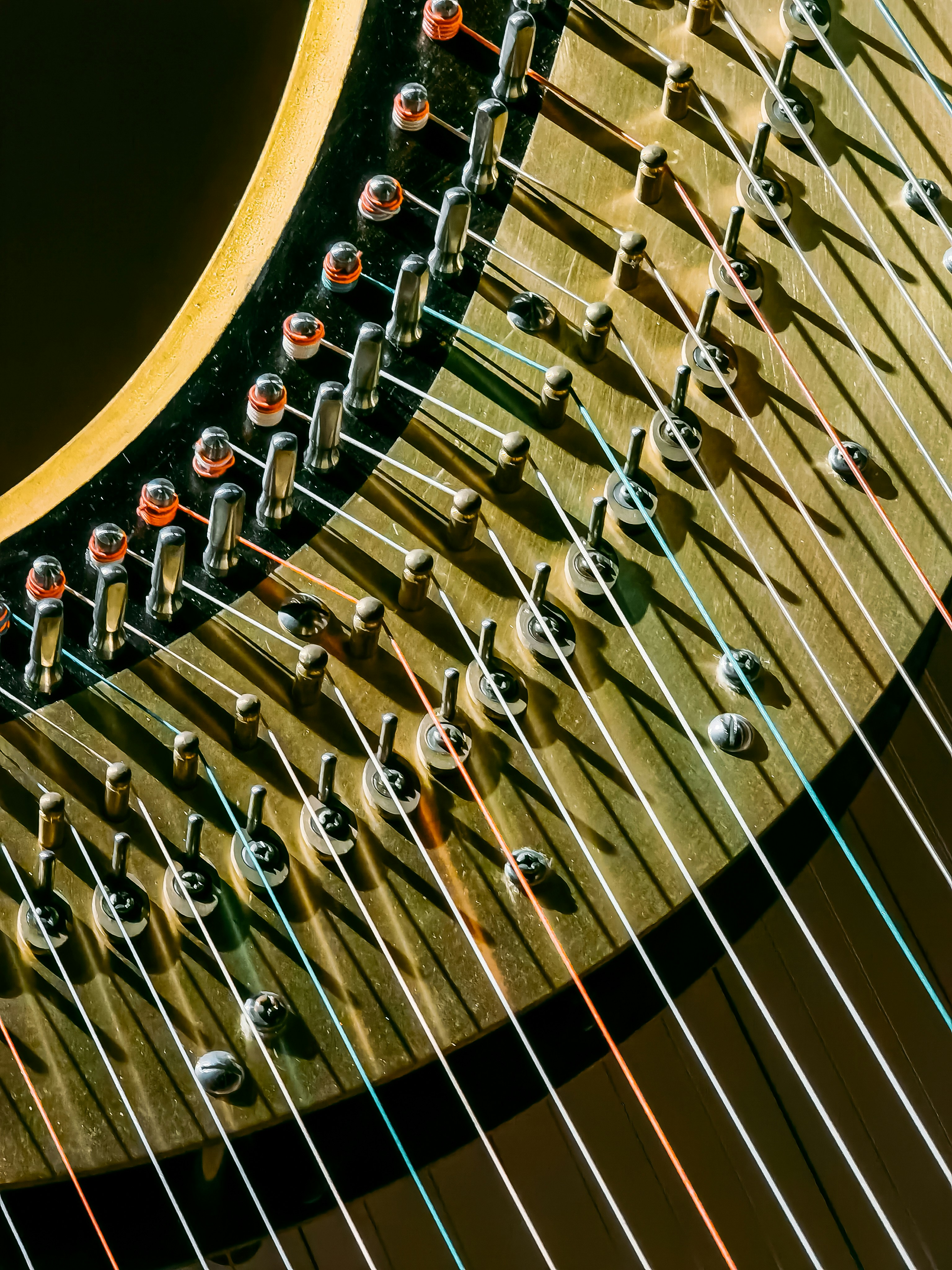 Close-up view of a harp's strings and tuning pegs, showcasing intricate craftsmanship and design. The play of light accentuates the details of the instrument.