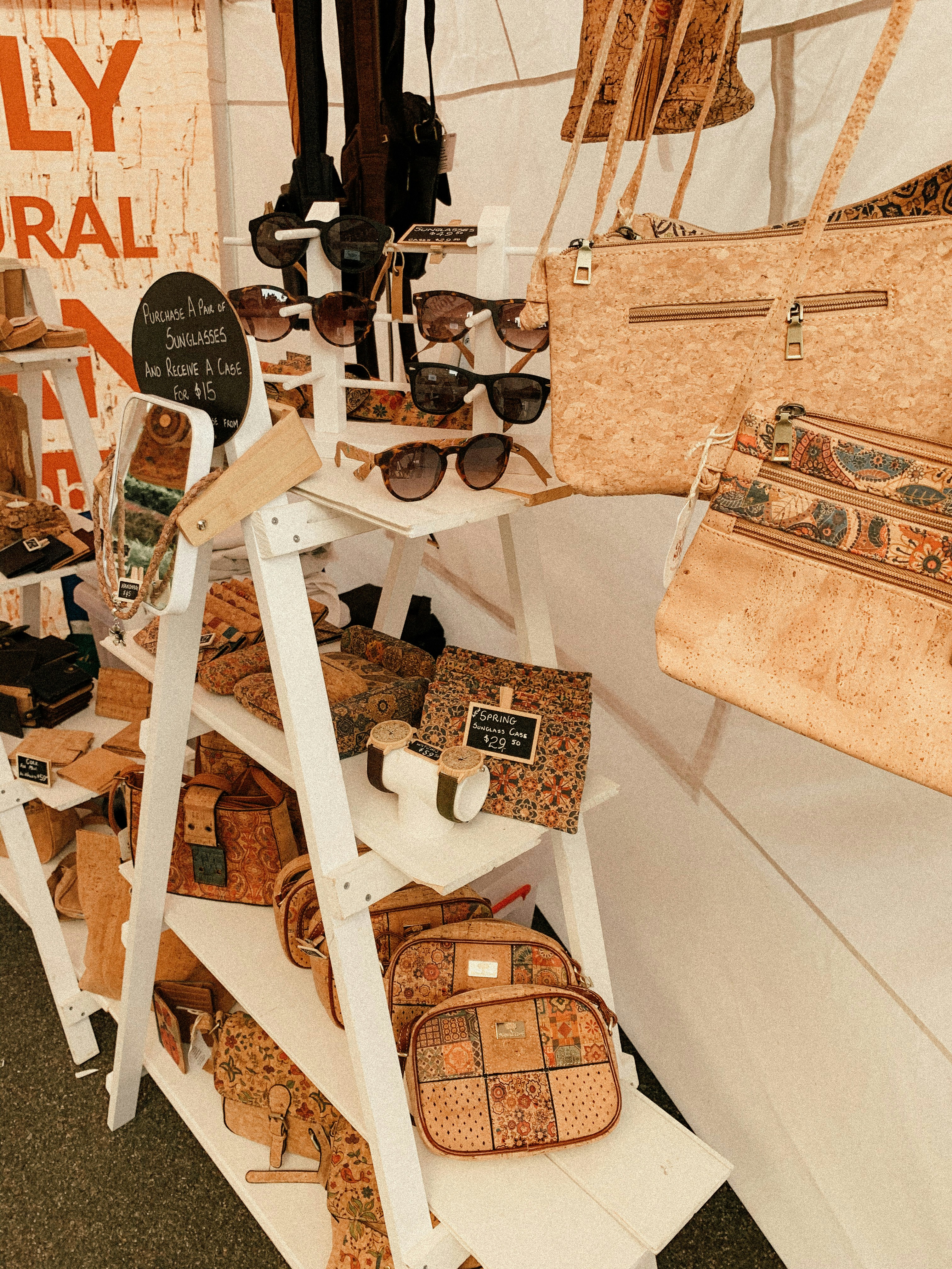 Copper Light on a Patchwork Bag Display: Sunglasses and Tote Parade